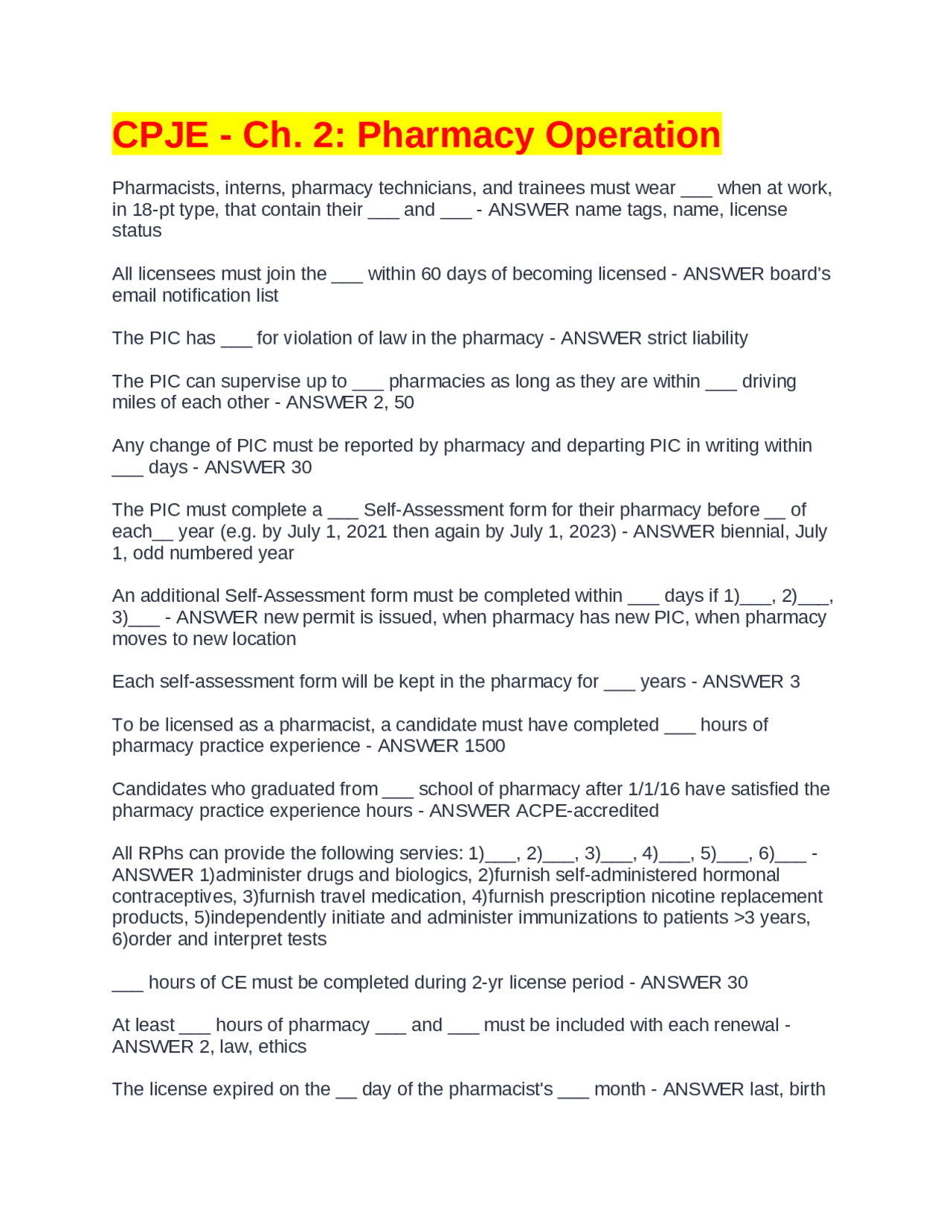 CPJE - Chapter 2: Pharmacy Operations: Key Regulations and Practices ...