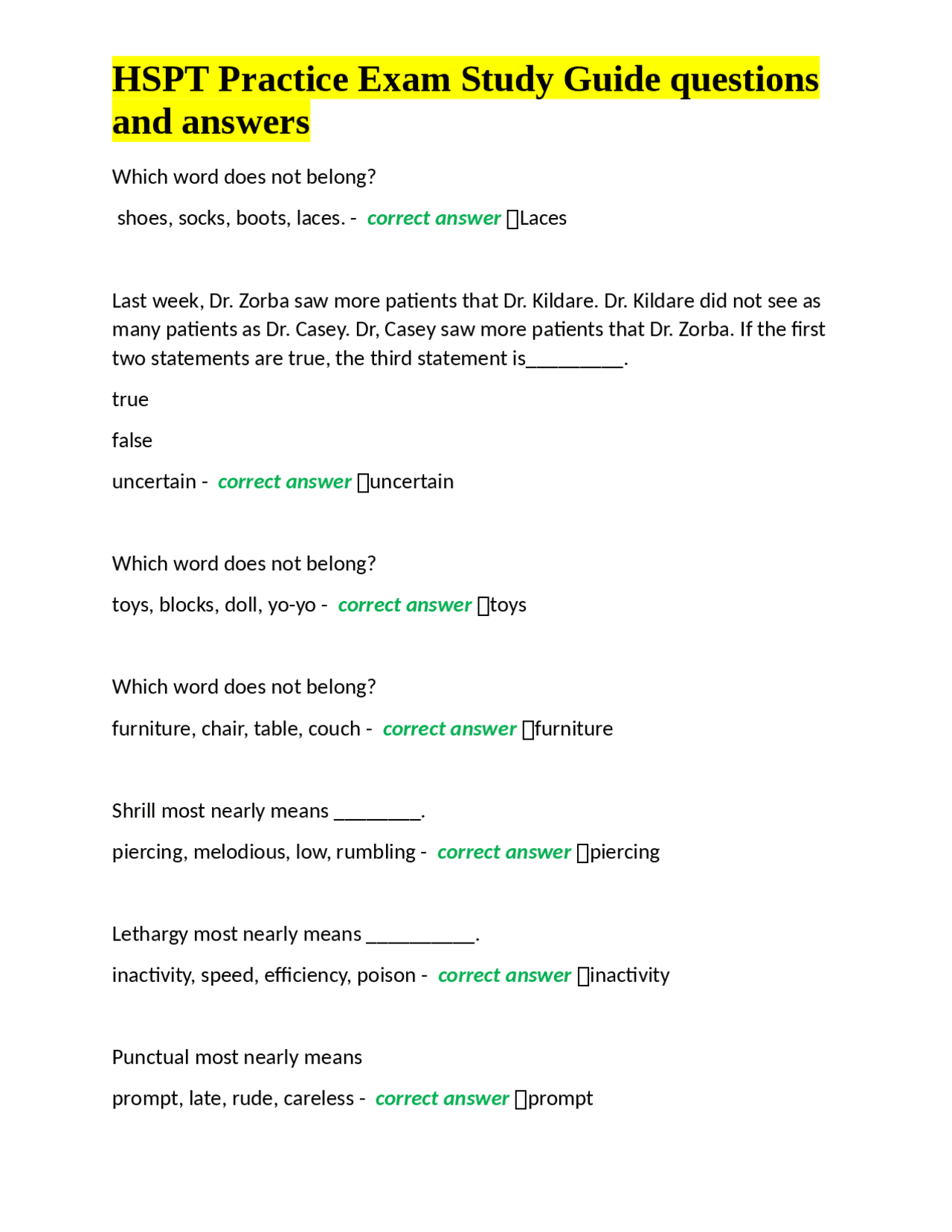 HSPT Practice Exam Study Guide questions and answers | Exams Banking ...