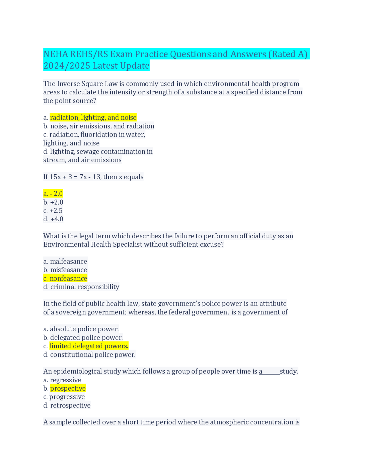 NEHA REHS/RS Exam Practice Questions and Answers (Rated A) 2024/2025 ...