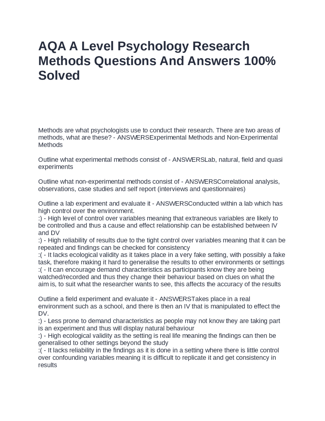 AQA A Level Psychology Research Methods Questions And Answers 100% ...