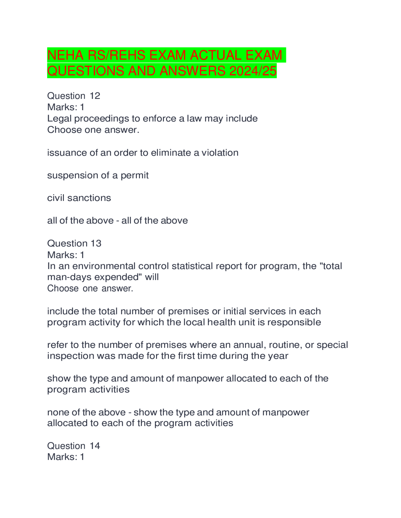 NEHA RS/REHS Exam Actual Exam Questions and Answers 2024/25 | Exams ...
