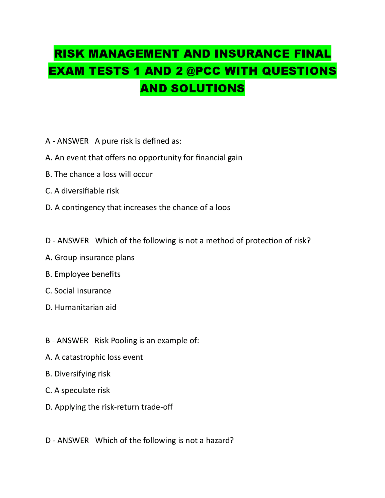 Risk Management and Insurance Final Exam Tests | Exams Business ...