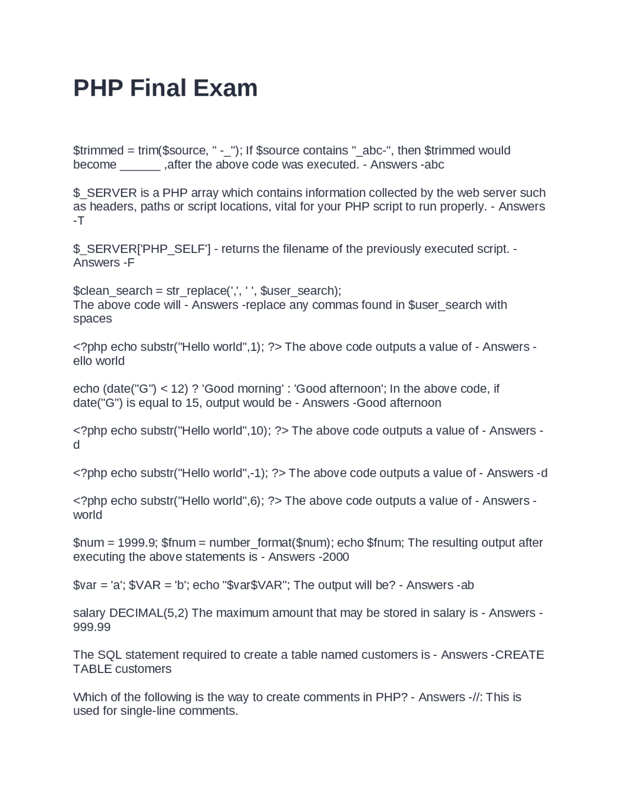 PHP Final Exam: Comprehensive Exercises and Questions | Exams Computer Science | Docsity