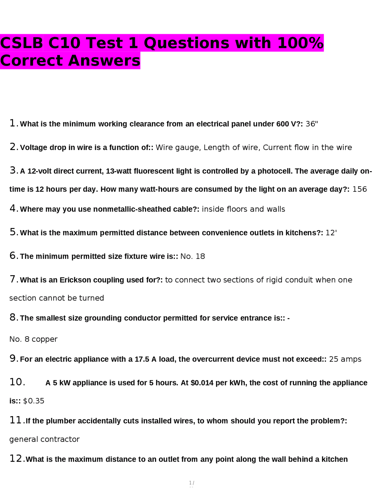 CSLB C10 Test 1 Questions and Answers: Electrical Code and Safety ...