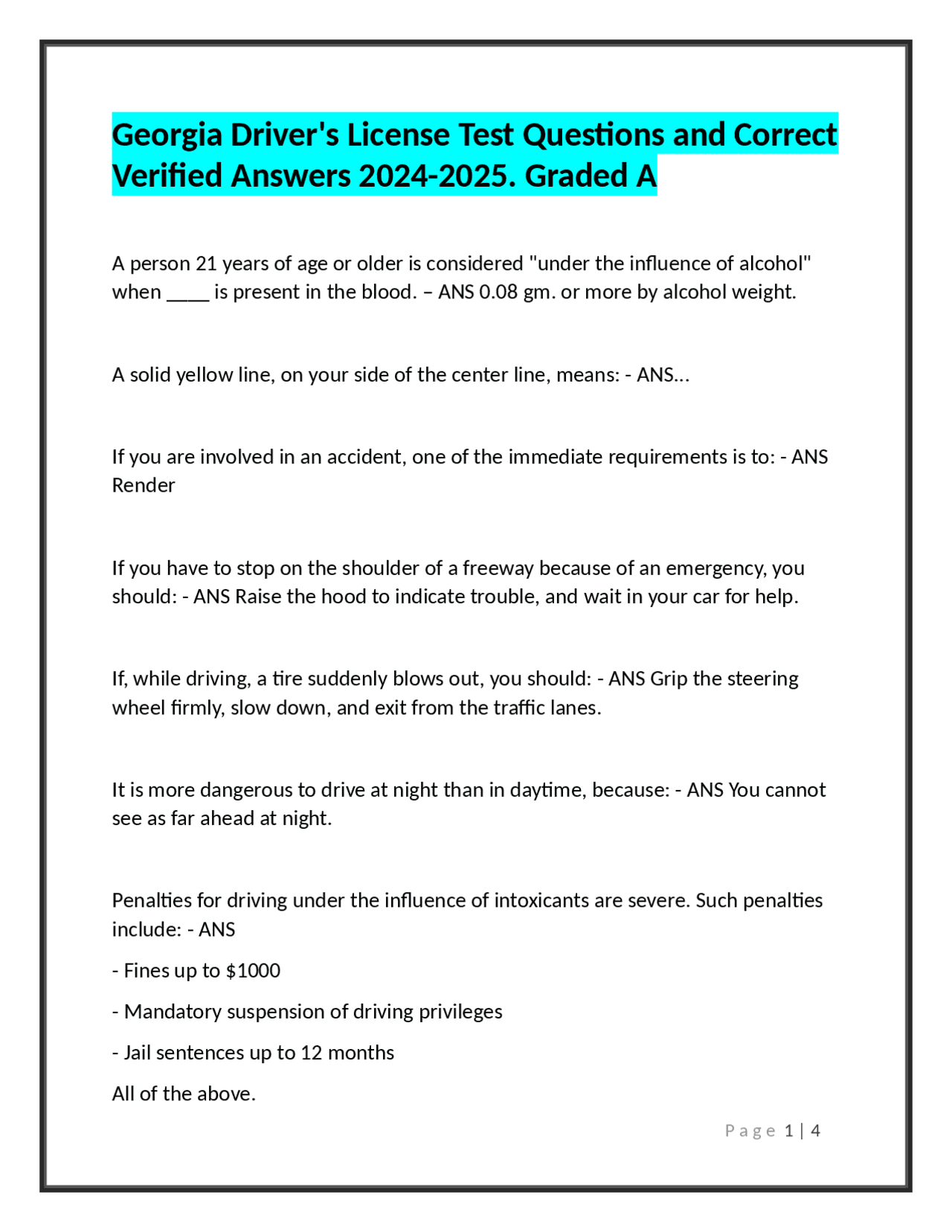 Georgia Driver's License Test Questions and Correct Verified Answers ...
