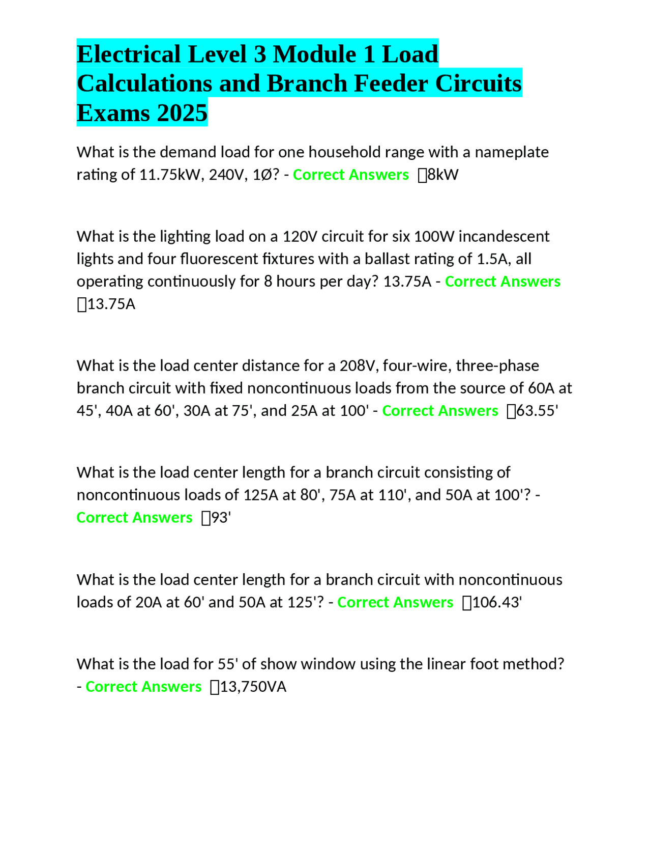 Electrical Level 3 Module 1 Load Calculations and Branch Feeder Circuits Exams 2025 | Exams ...