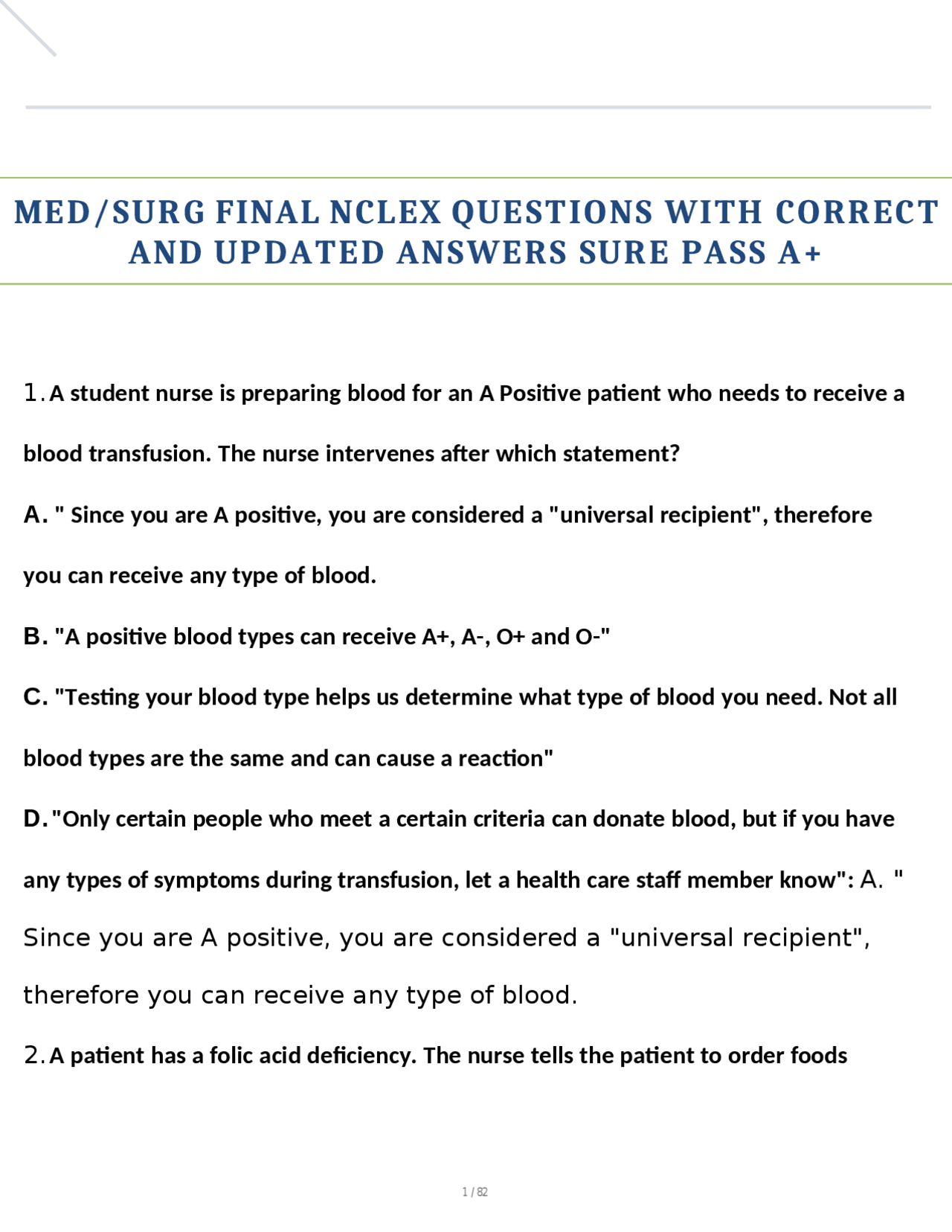 MED/SURG FINAL NCLEX QUESTIONS WITH CORRECT AND UPDATED ANSWERS SURE ...
