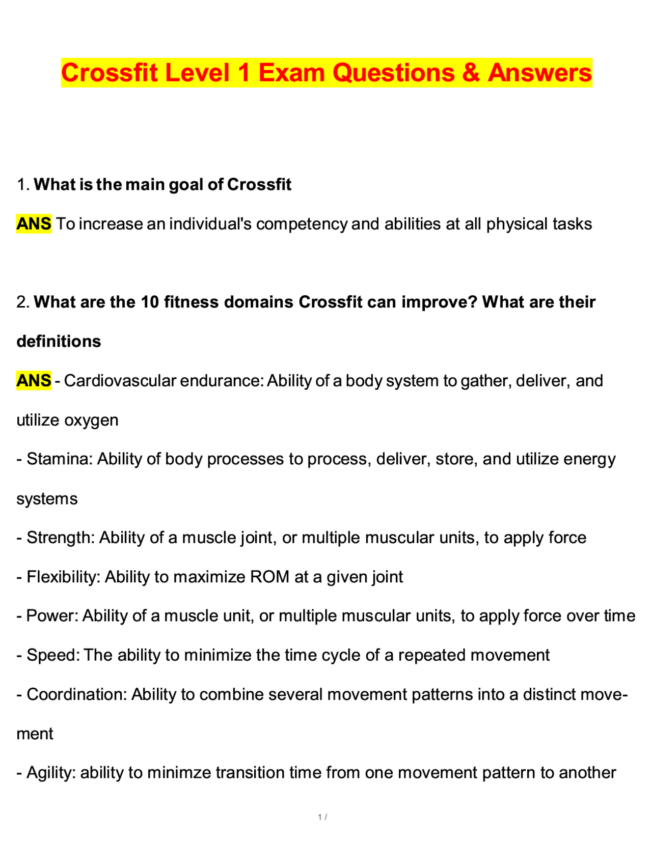 CROSSFIT Level 1 Exam 60 Questions with 100% Correct Answers 2025 / ...