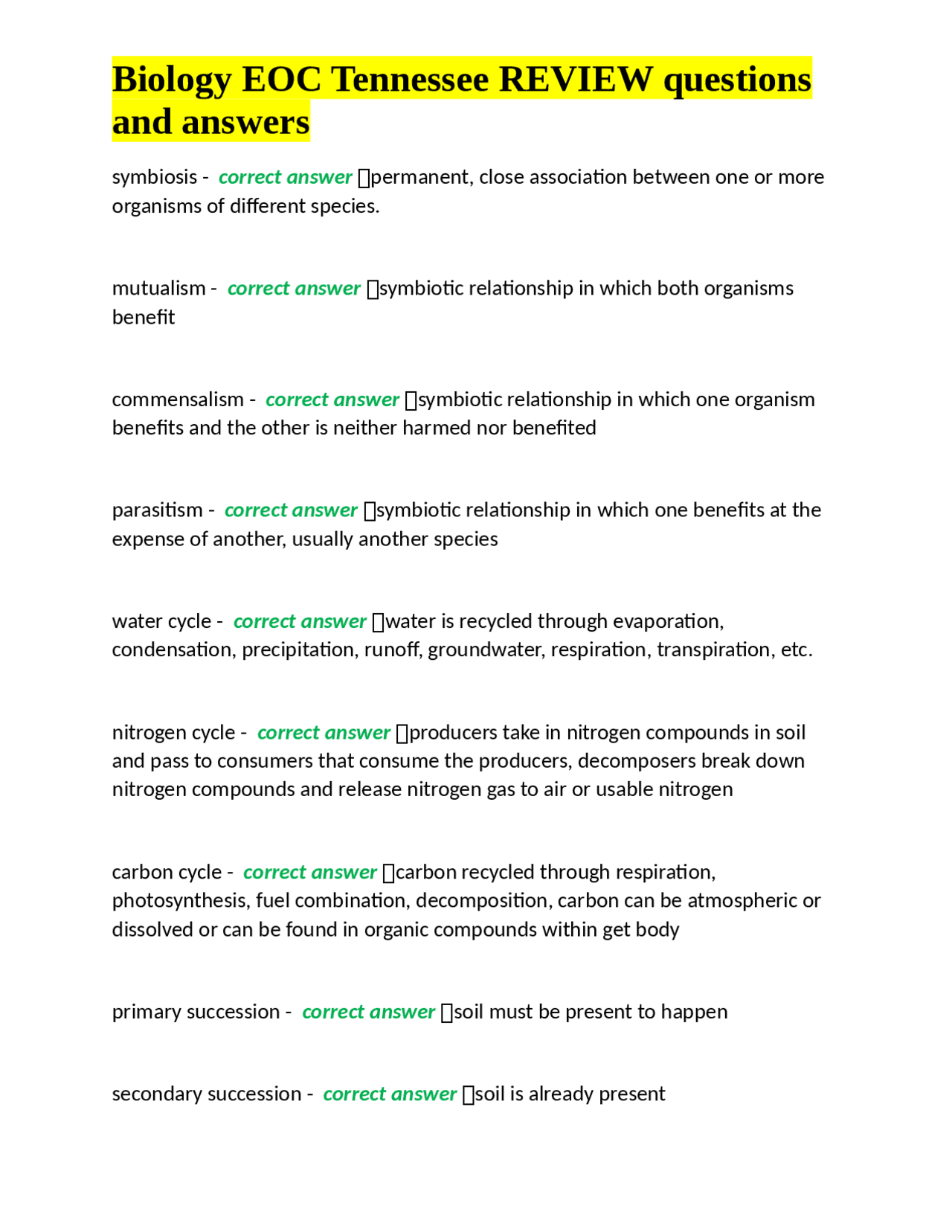 Biology EOC Tennessee Review Questions and Answers | Exams Biology ...