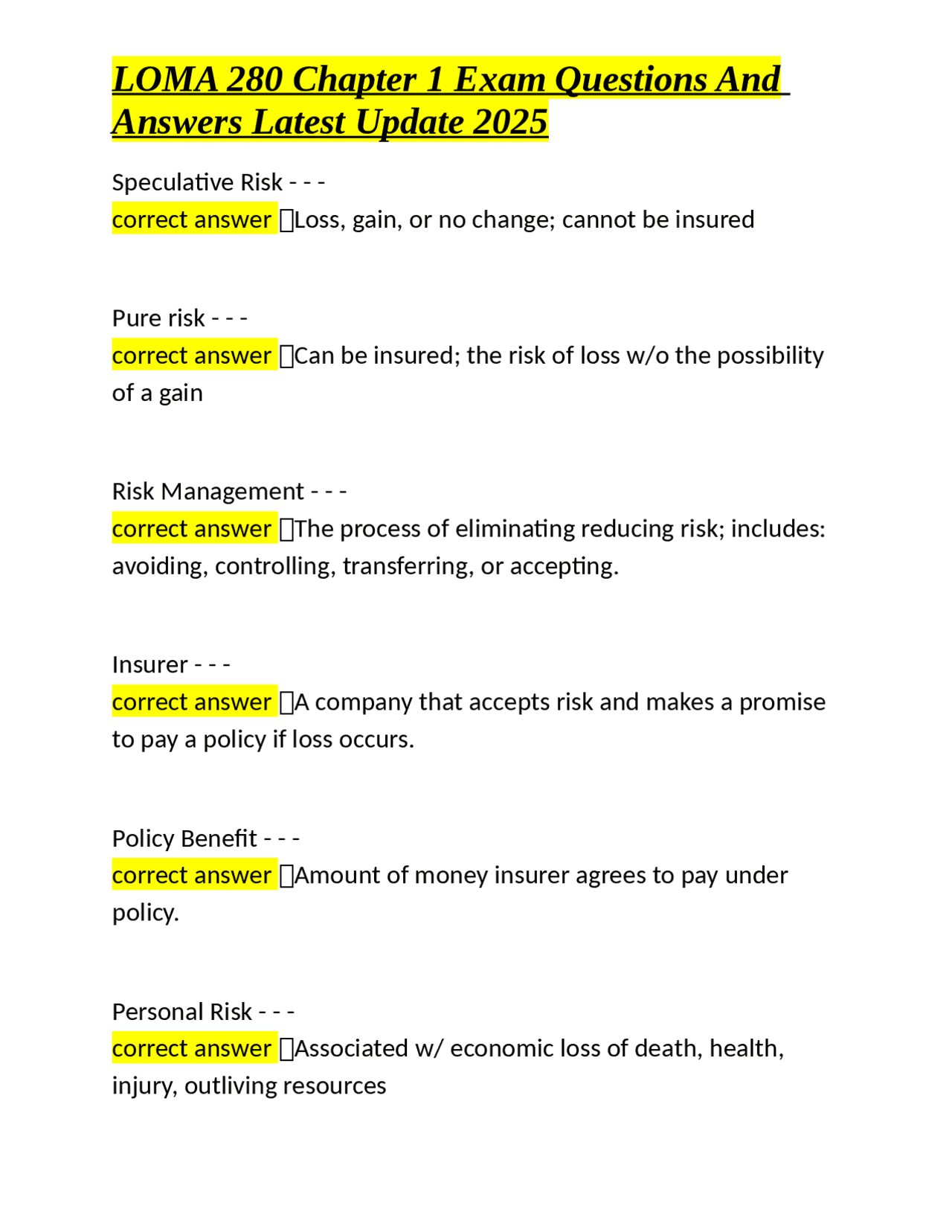 LOMA 280 Chapter 1 Exam Questions and Answers: Understanding Risk and ...