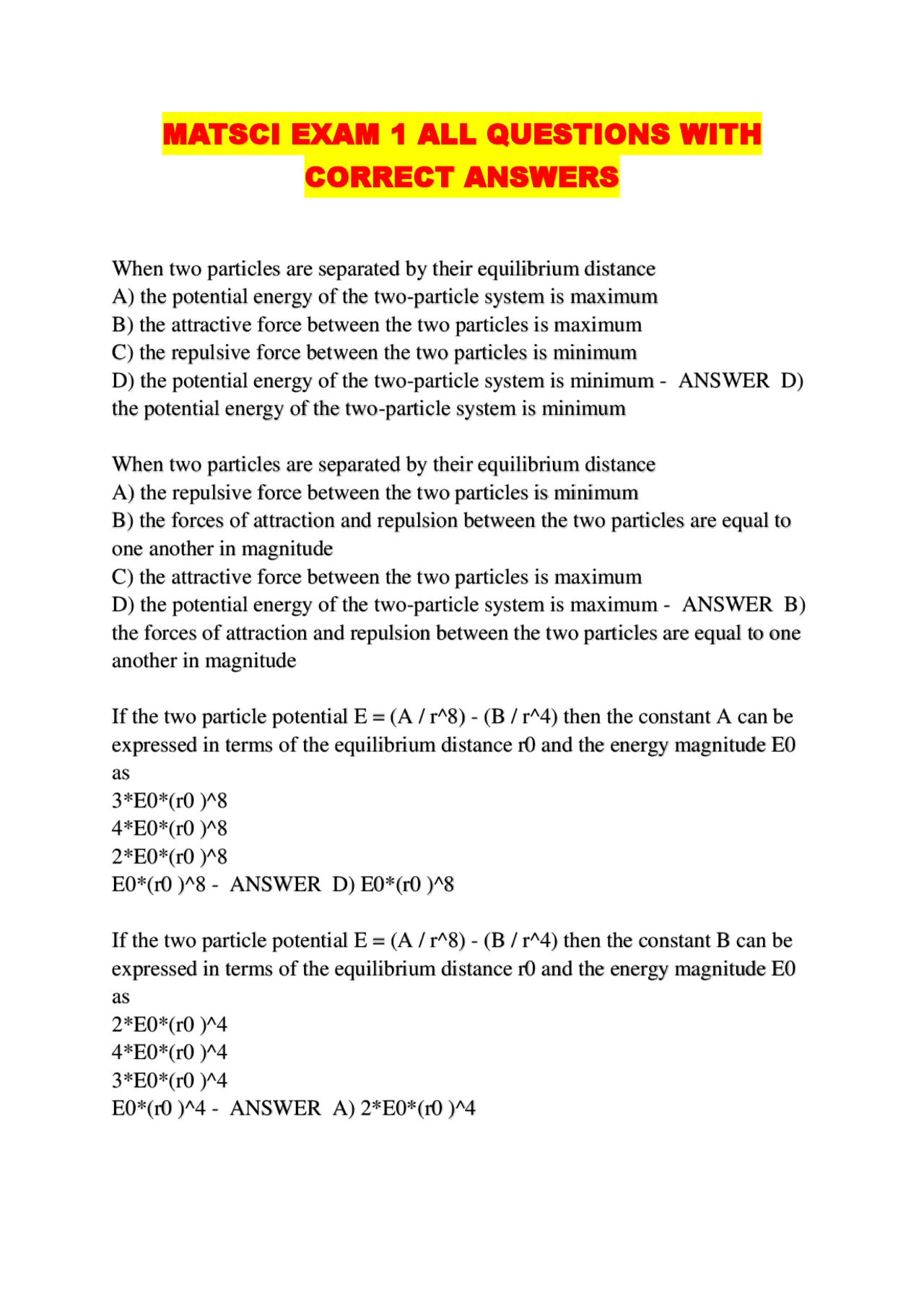 Materials Science Exam 1: Questions and Answers | Exams Engineering ...