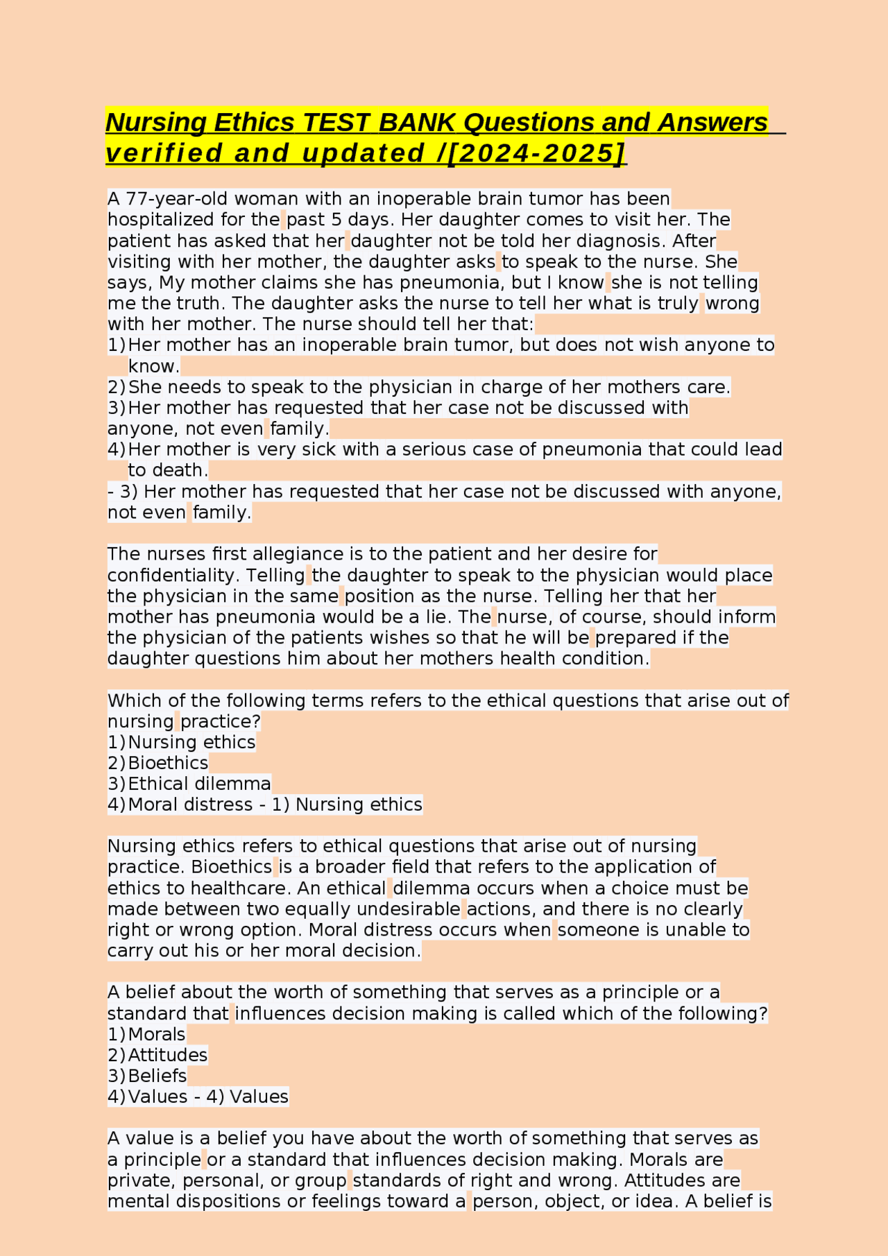 Nursing Ethics TEST BANK Questions and Answers verified and updated ...