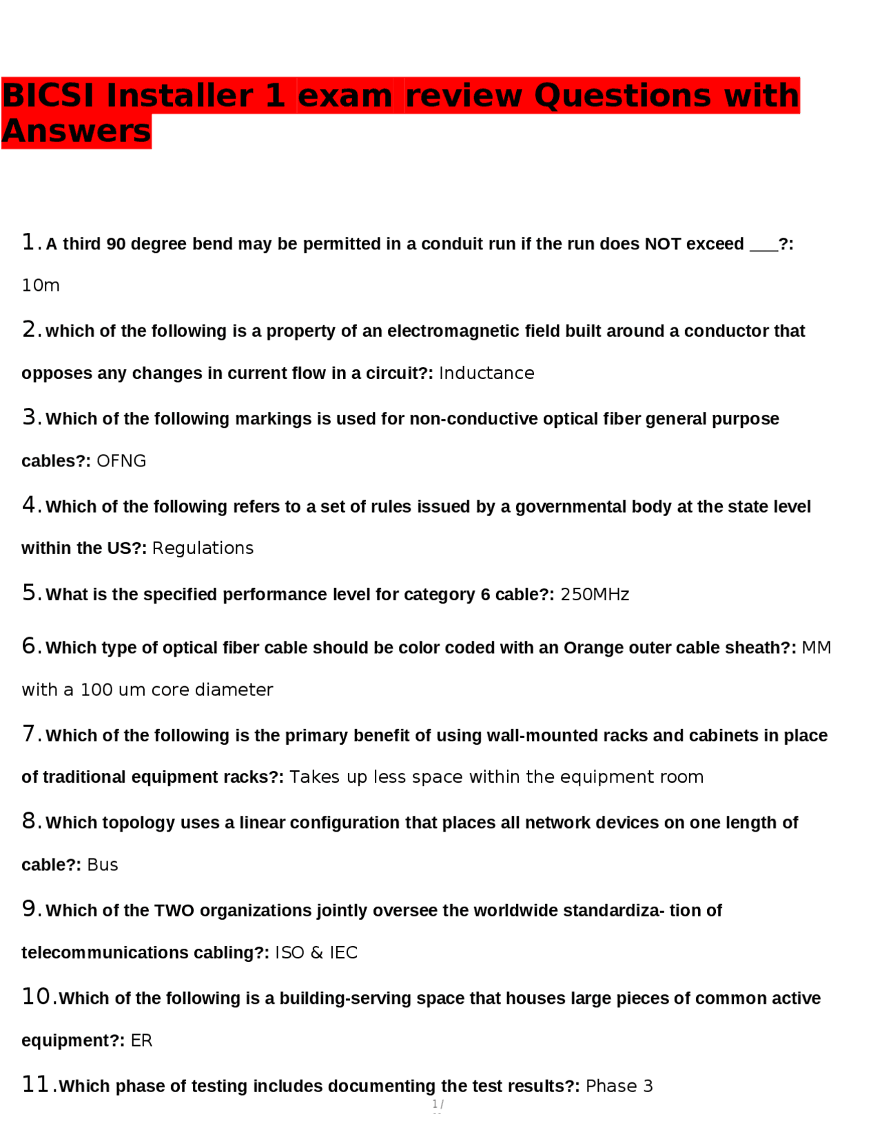 BICSI Installer 1 exam review Questions with Answers | Exams Electrical ...
