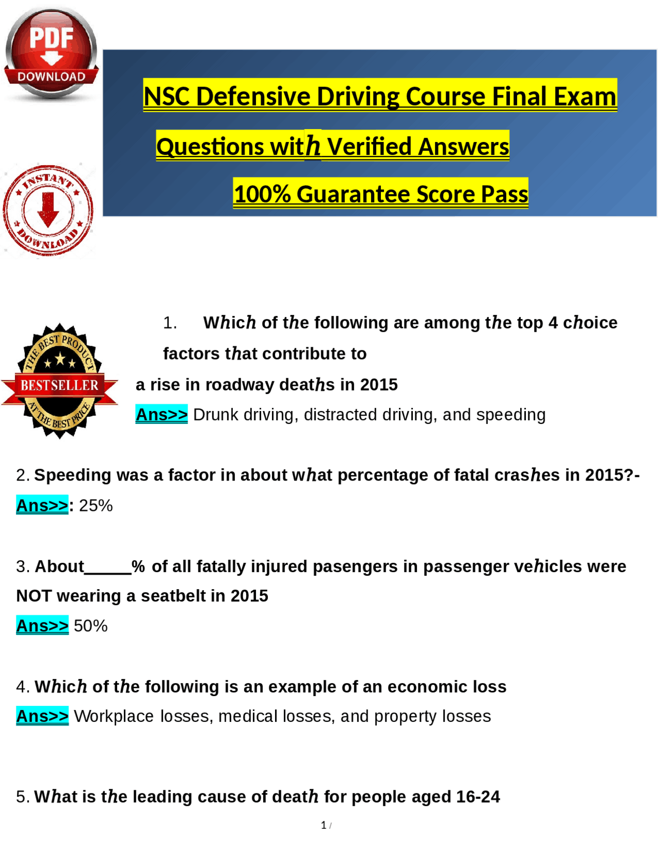 NSC Defensive Driving Course Final Exam 2025 / 2026 Questions witℎ ...