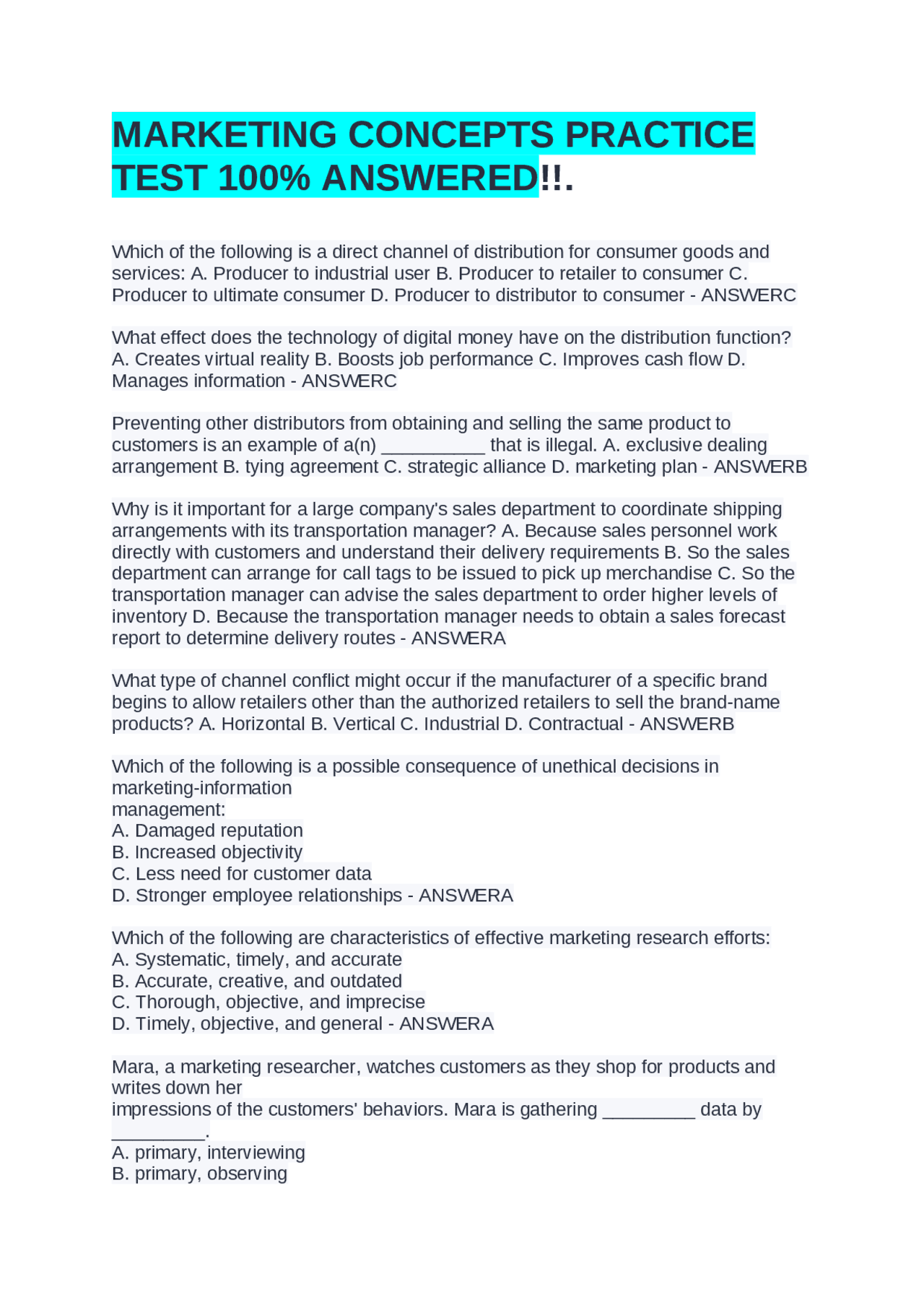 Marketing Concepts Practice Test: Multiple Choice Questions and Answers ...