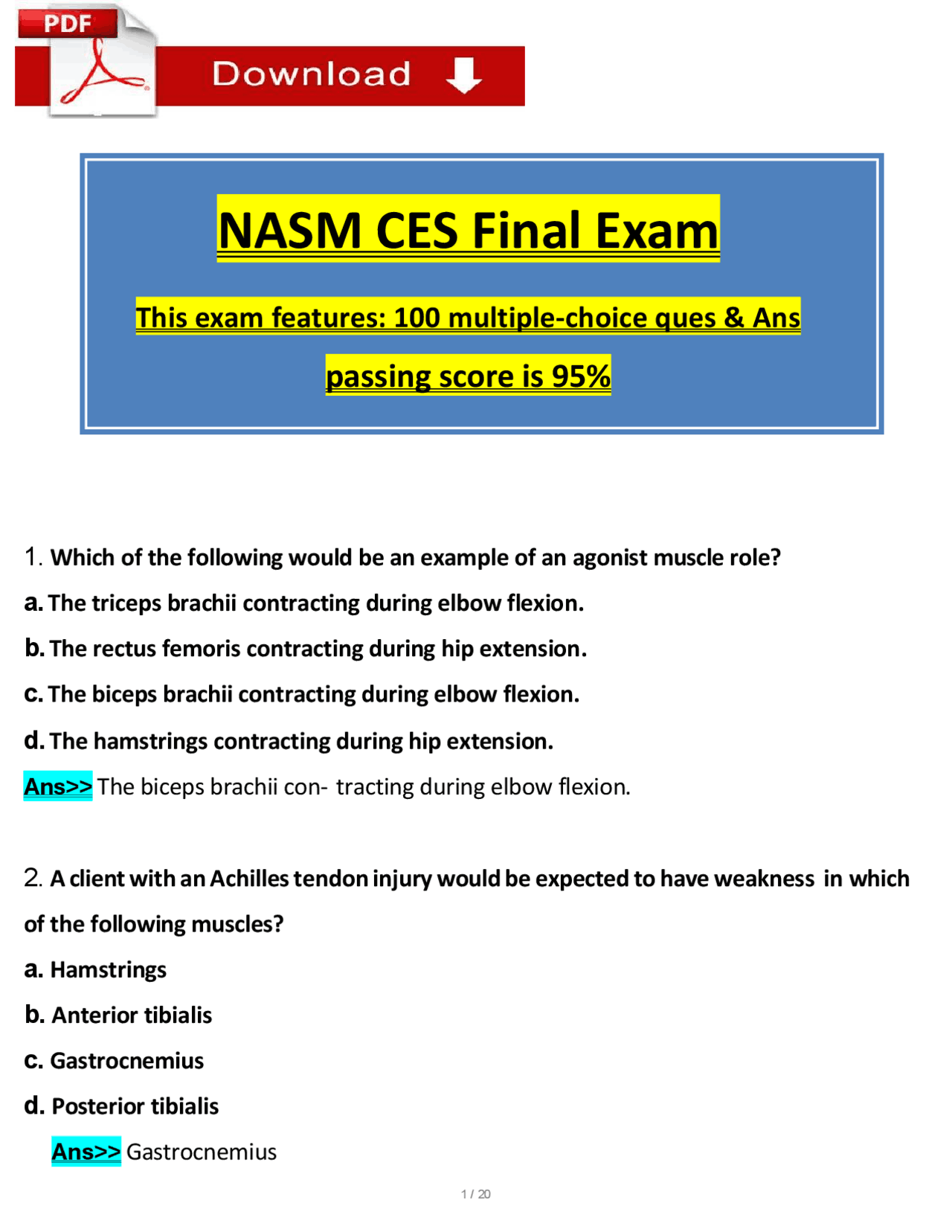 NASM CES Final Exam: Multiple Choice Questions and Answers | Exams ...
