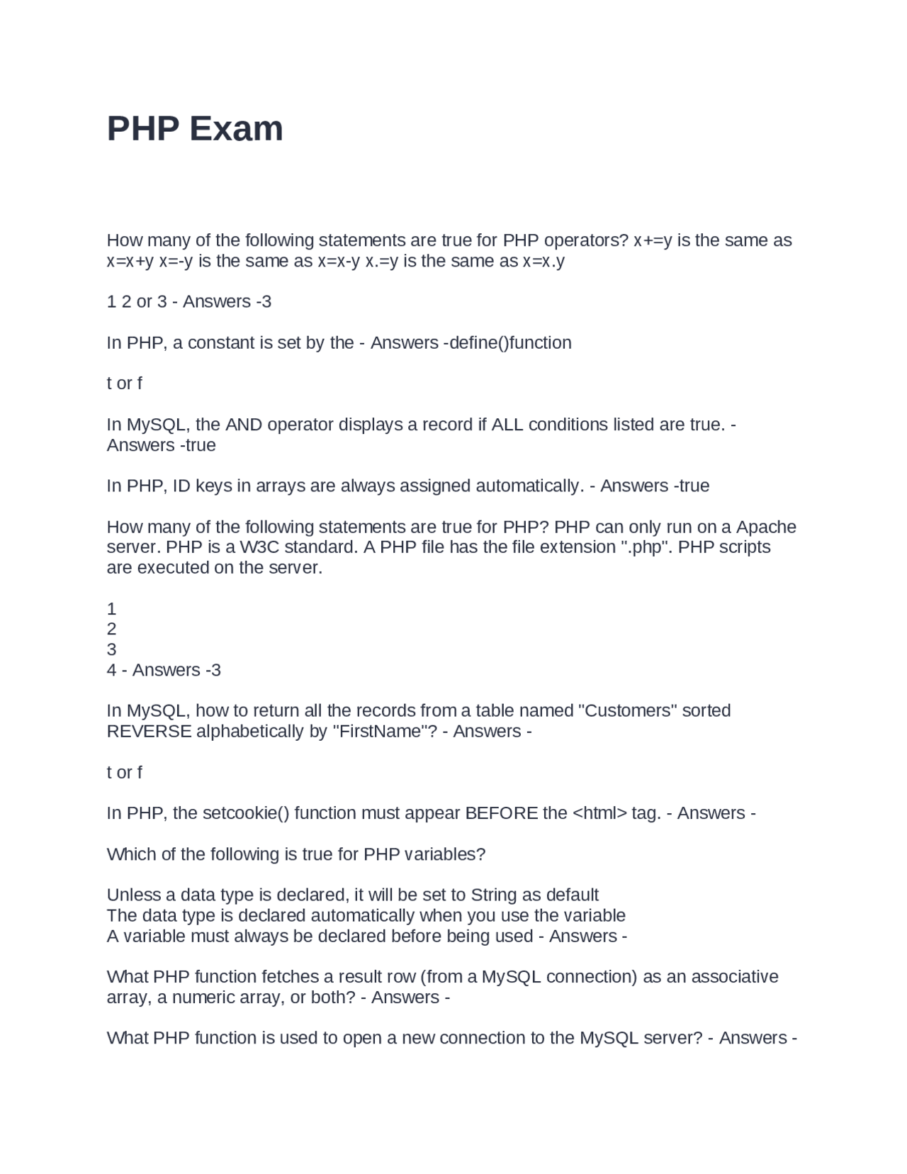 PHP and MySQL Exam Questions and Answers | Exams Computer Science | Docsity