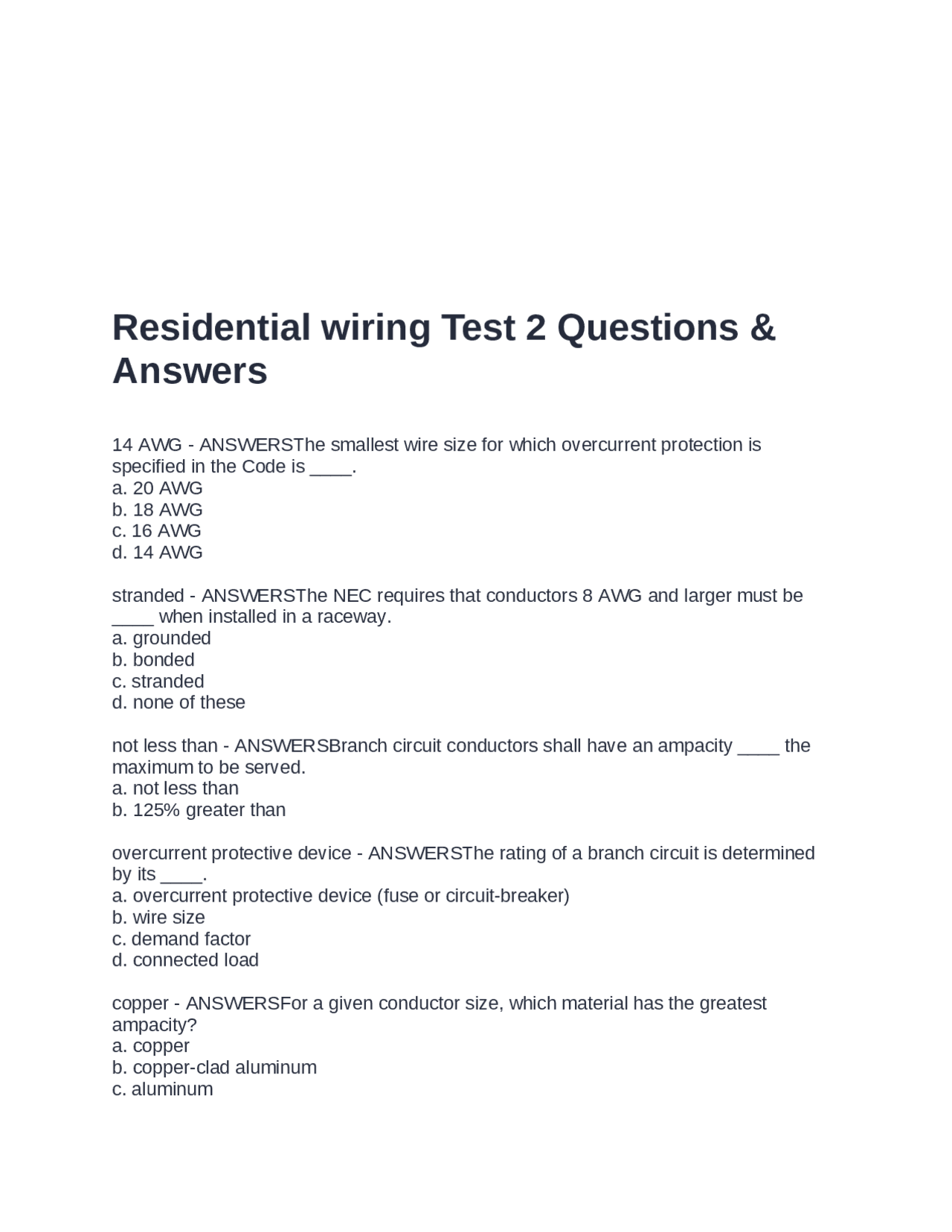 Residential Wiring Test 2: Questions and Answers | Exams Nursing | Docsity