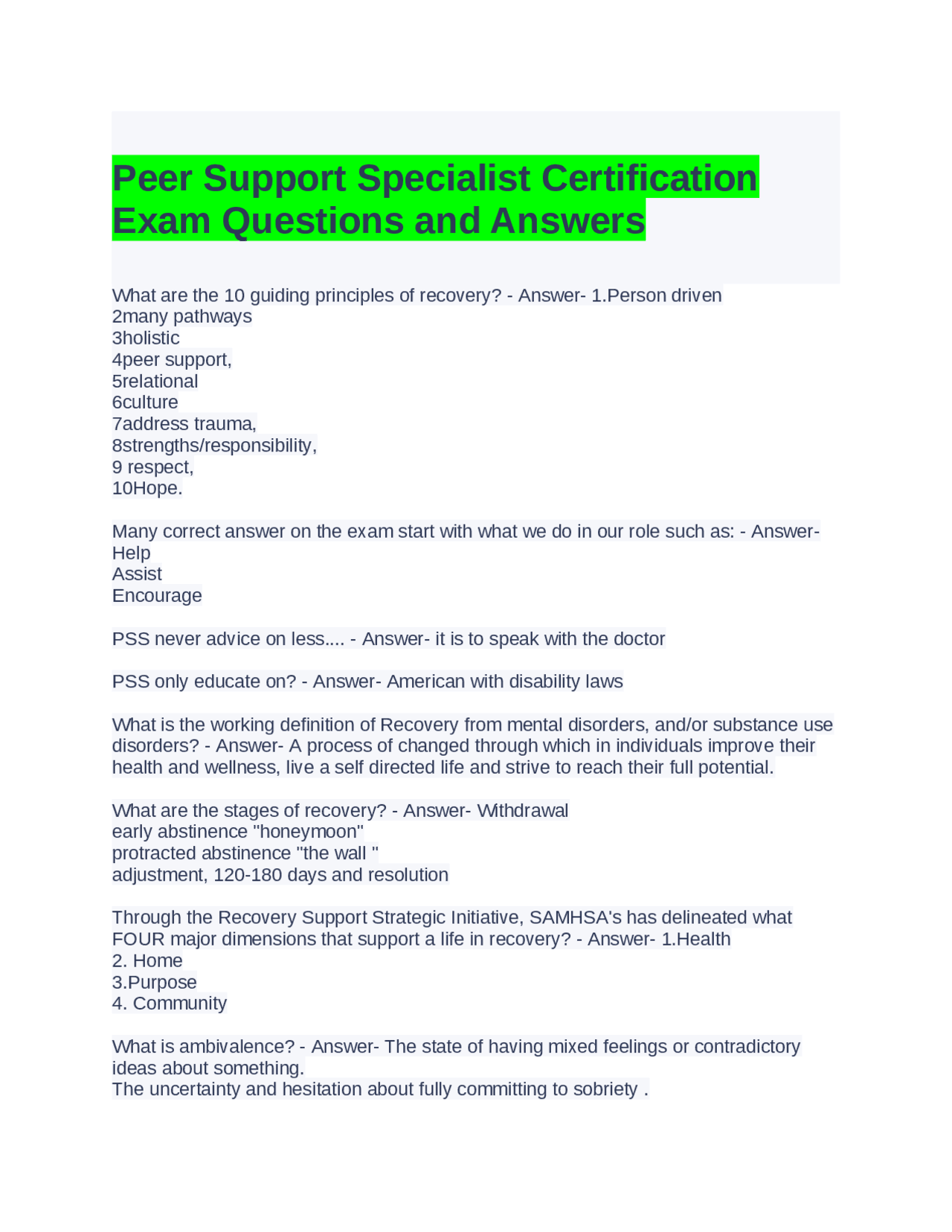 Peer Support Specialist Certification Exam Questions and Answers | Exams Advanced Education ...