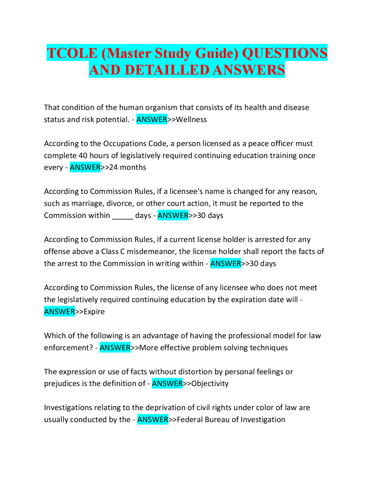 TCOLE (Master Study Guide) QUESTIONS AND DETAILLED ANSWERS | Exams ...