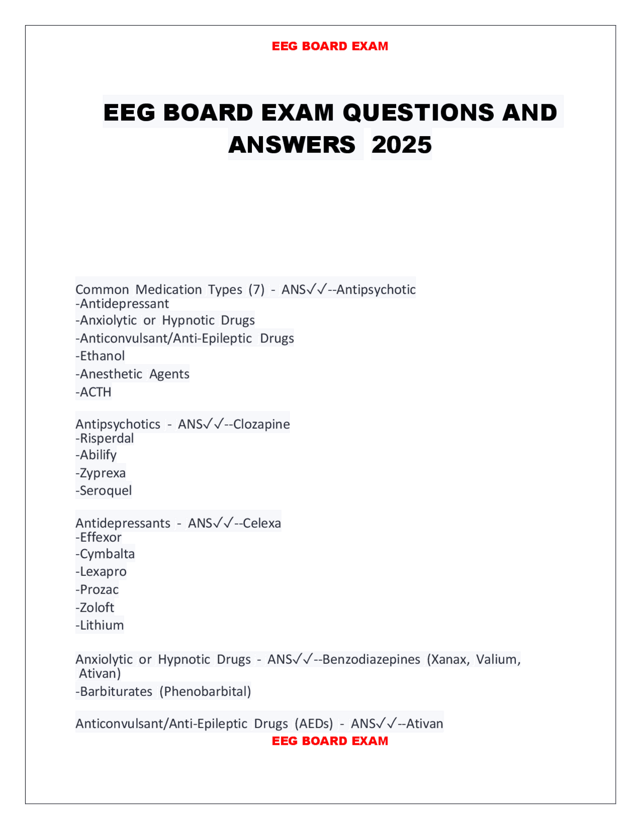 EEG BOARD EXAM QUESTIONS AND ANSWERS 2025 | Exams Nursing | Docsity