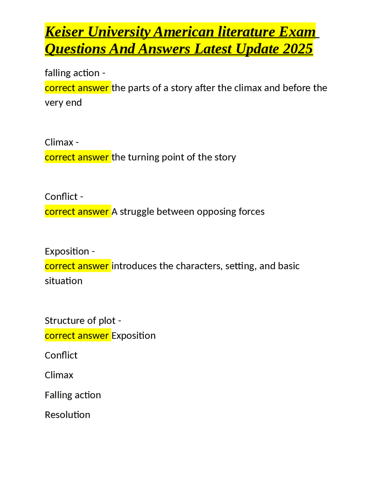 Keiser University American Literature Exam: Questions and Answers ...