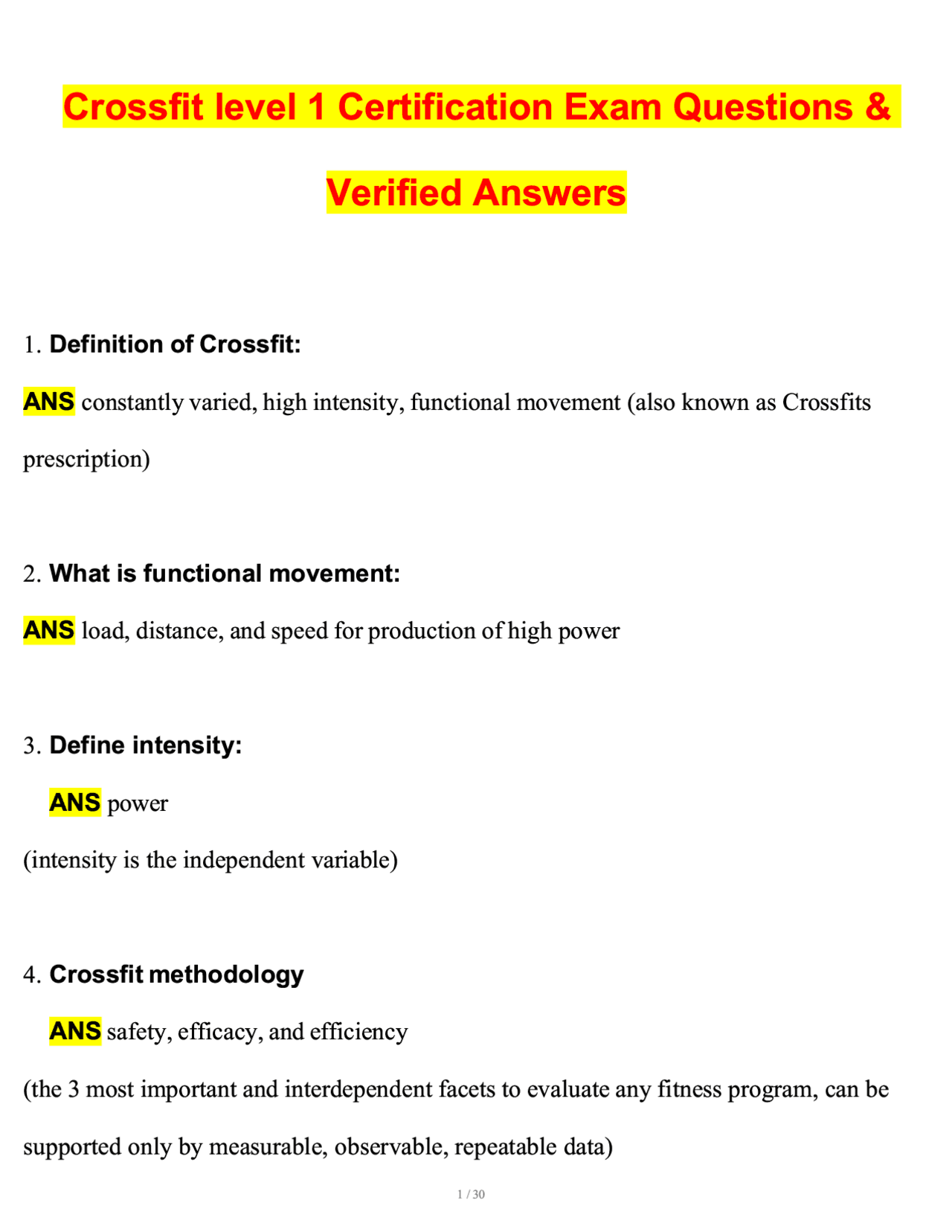 CROSSFIT Level 1 Certification Exam 2025 Questions with 100% Correct ...