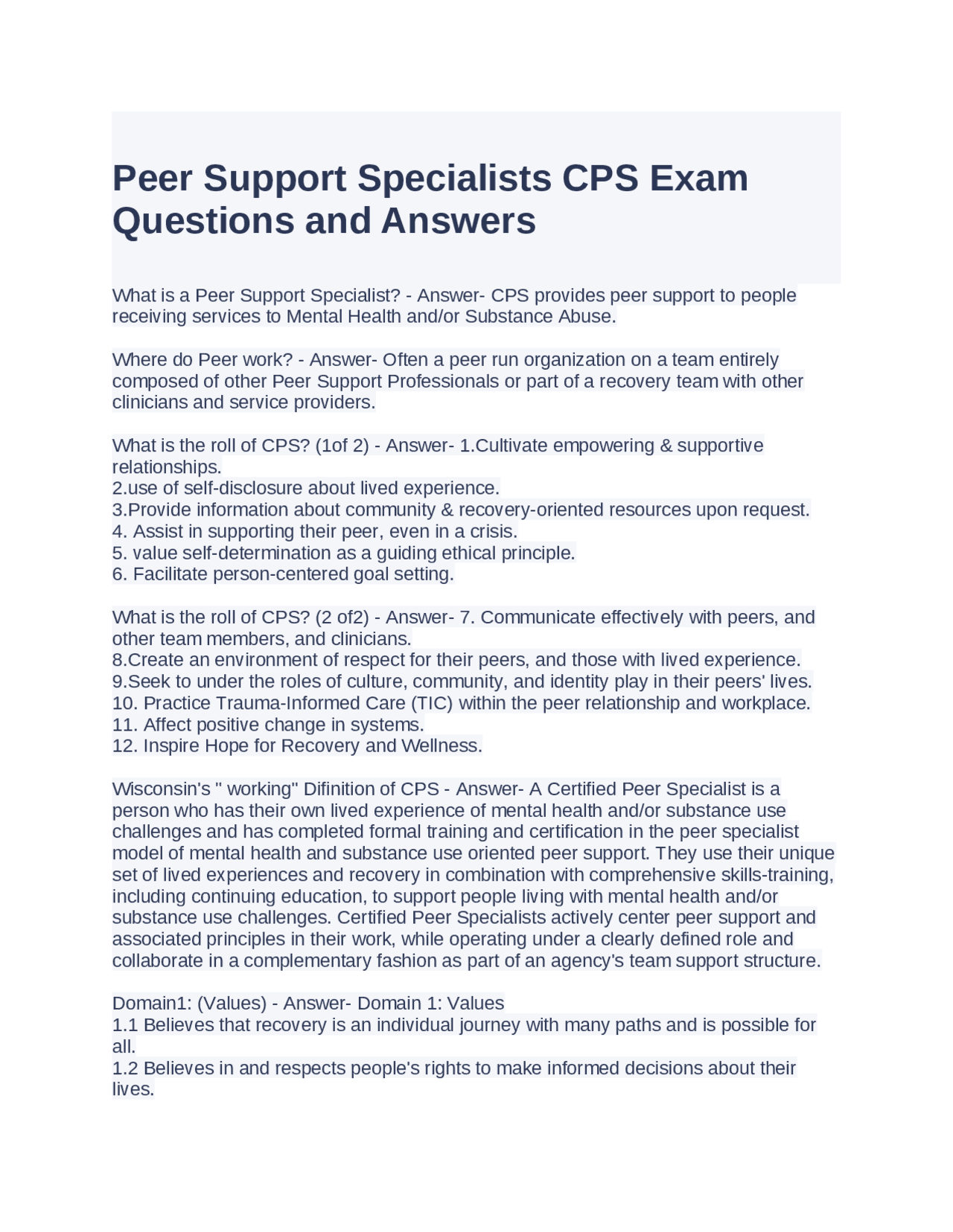 Peer Support Specialists CPS Exam Questions and Answers | Exams ...