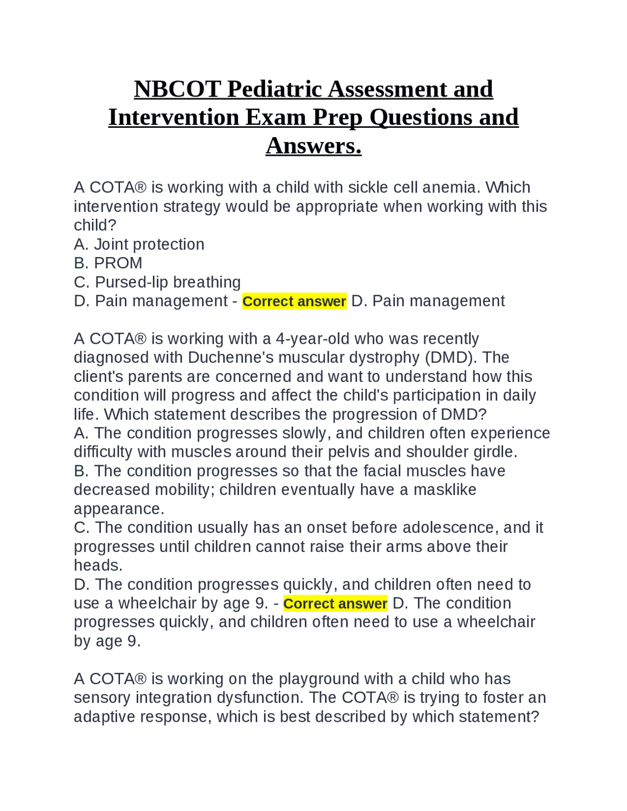 NBCOT Pediatric Assessment and Intervention Exam Prep Questions and ...