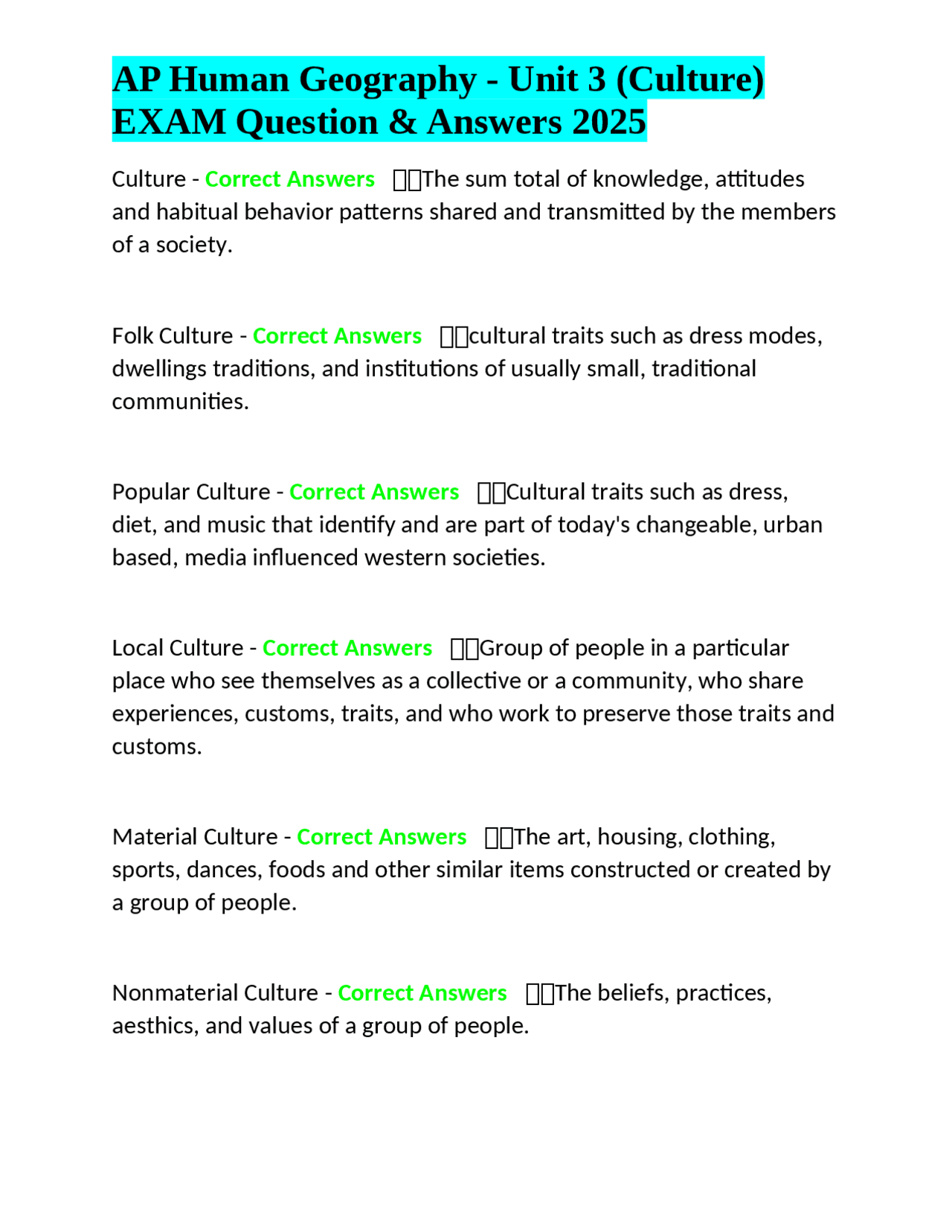 AP Human Geography - Unit 3 (Culture) Exam Questions and Answers ...