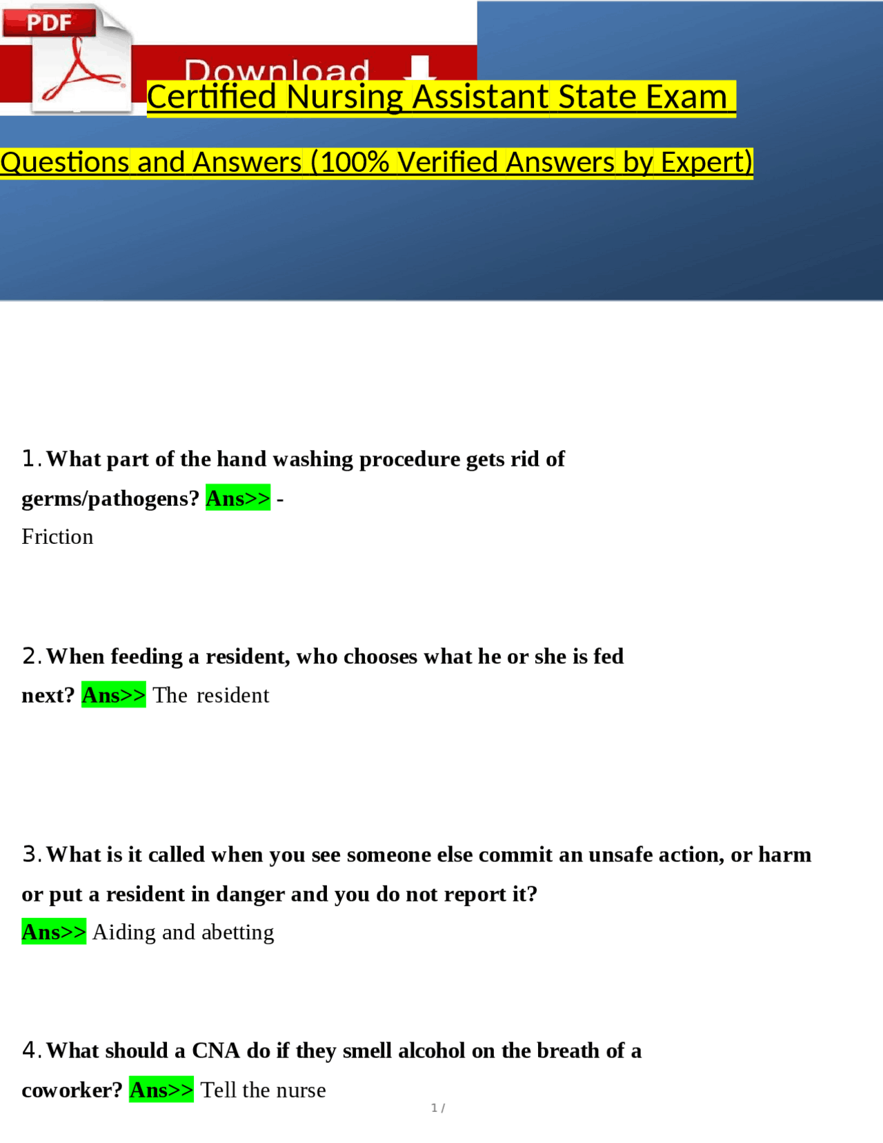 Certified Nursing Assistant State Exam Questions and Answers | Exams ...