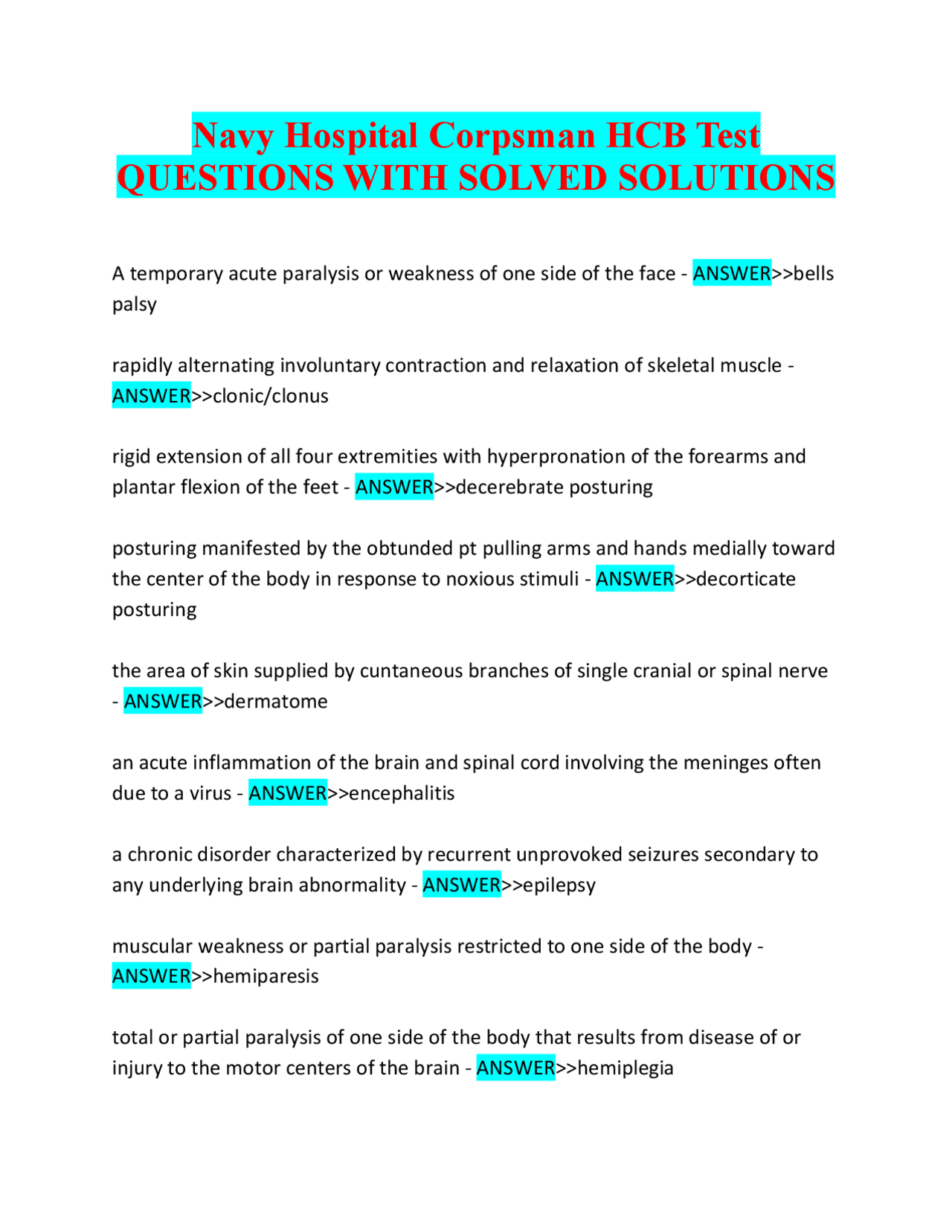 Navy Hospital Corpsman HCB Test QUESTIONS WITH SOLVED SOLUTIONS | Exams ...