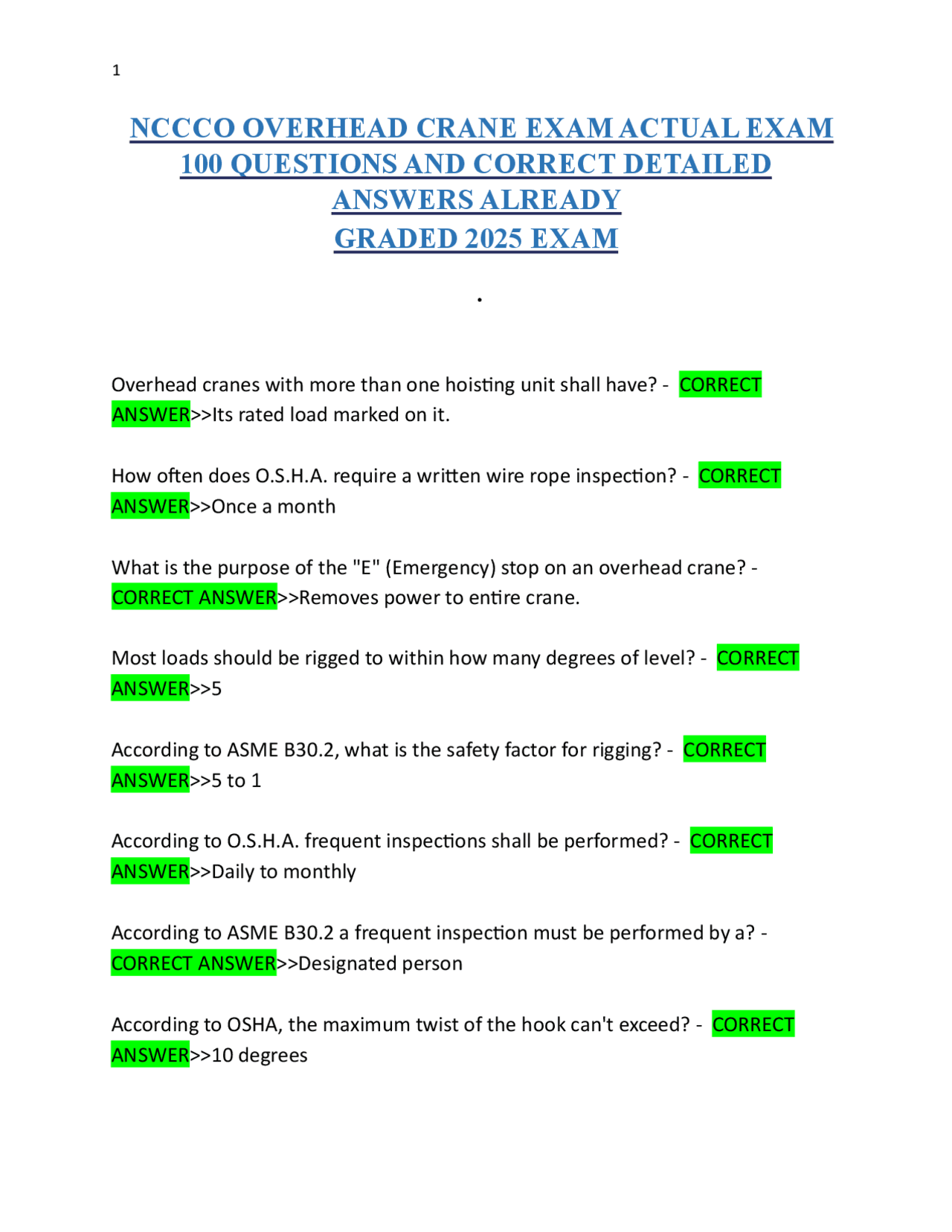 NCCCO Overhead Crane Exam: 100 Questions and Answers | Exams Nursing ...