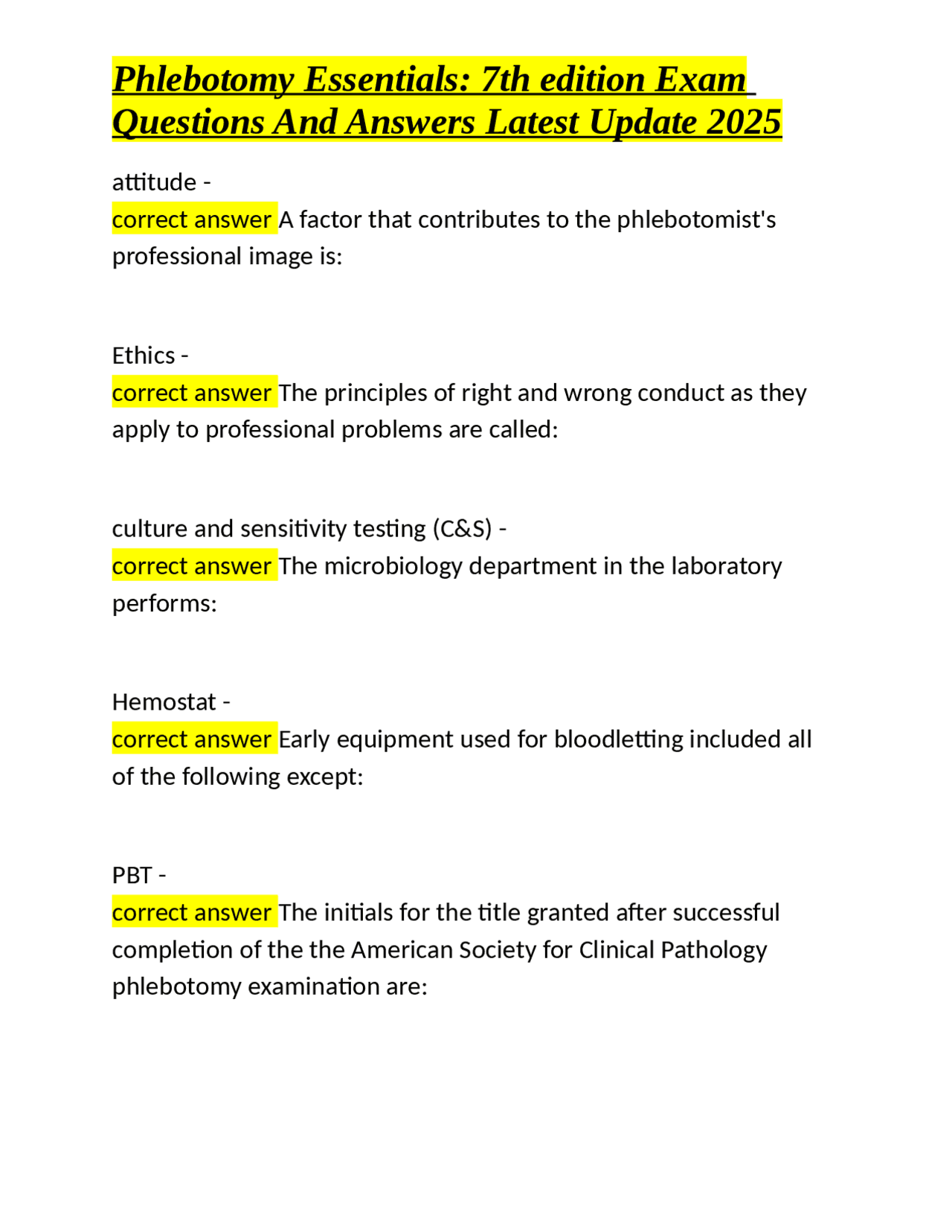 Phlebotomy Essentials: 7th Edition Exam Questions and Answers | Exams ...
