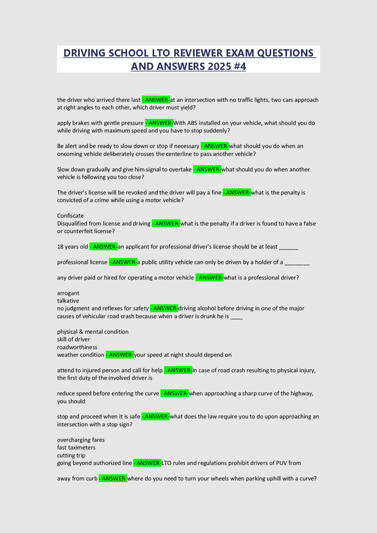 DRIVING SCHOOL LTO REVIEWER EXAM QUESTIONS AND ANSWERS 2025 # | Exams ...