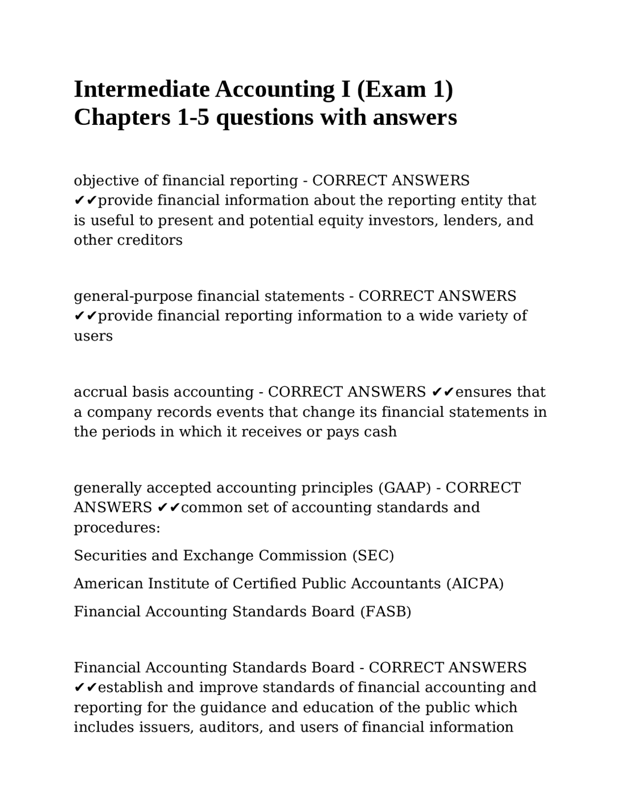 Intermediate Accounting I (Exam 1) Chapters 1-5 questions with answers ...