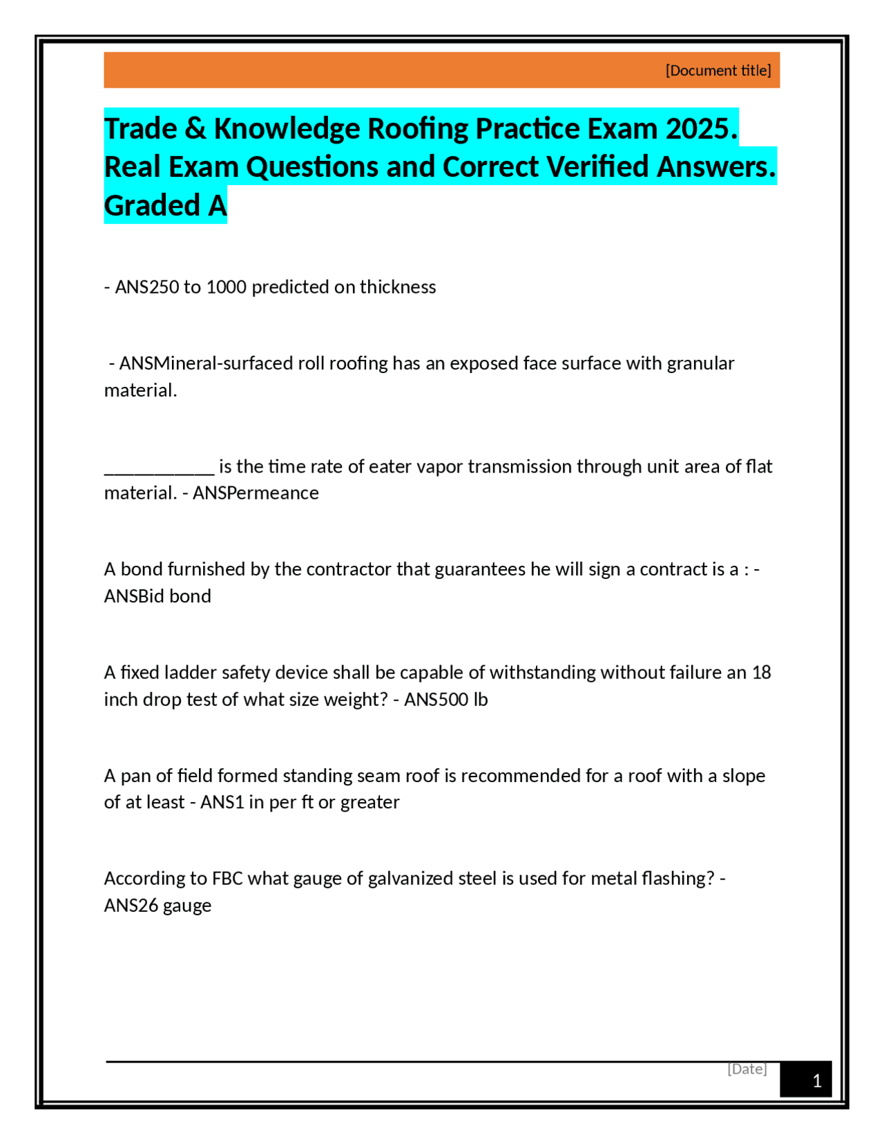 Trade & Knowledge Roofing Practice Exam 2025. Real Exam Questions and Correct Verified Ans ...