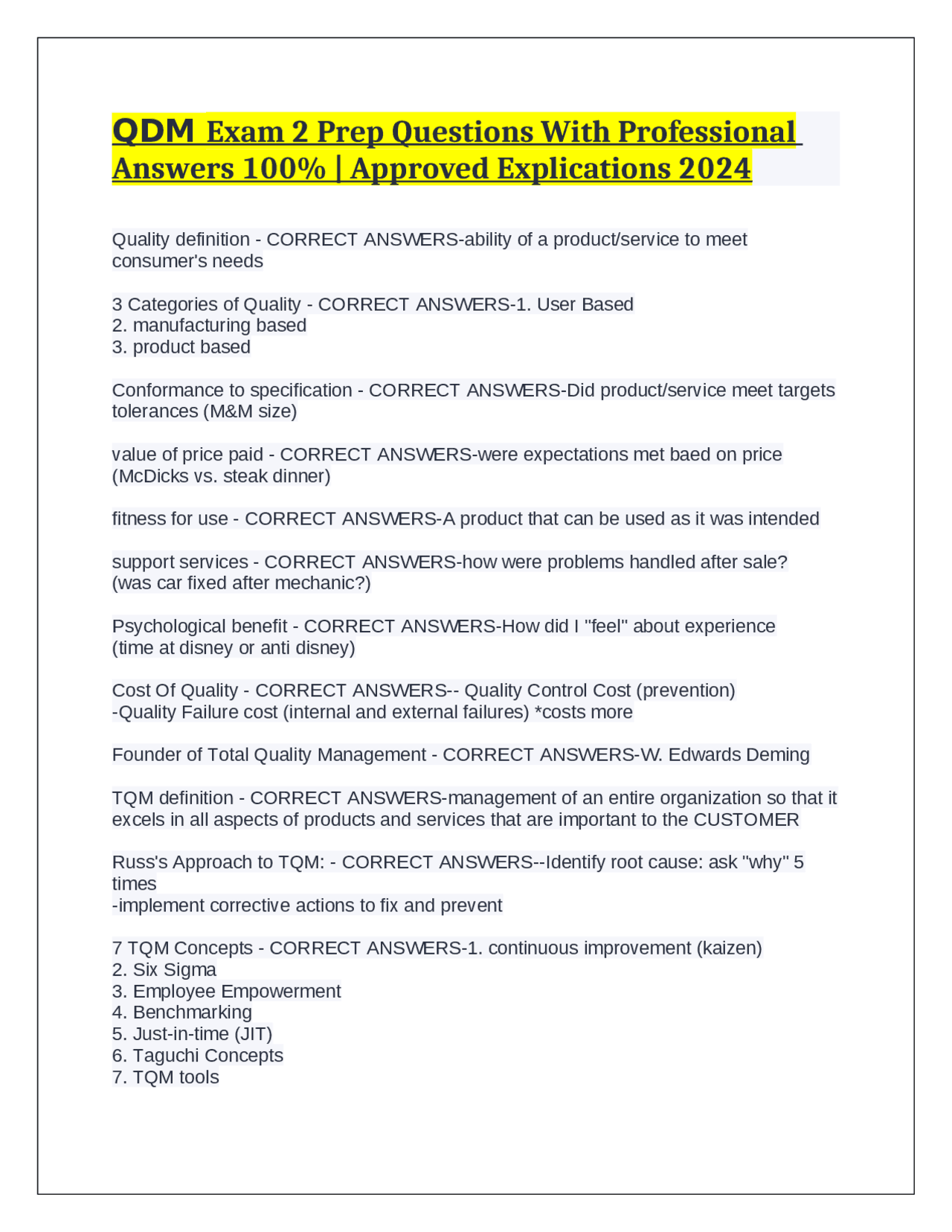 Quality Management Exam 2 Preparation Questions and Answers | Exams ...
