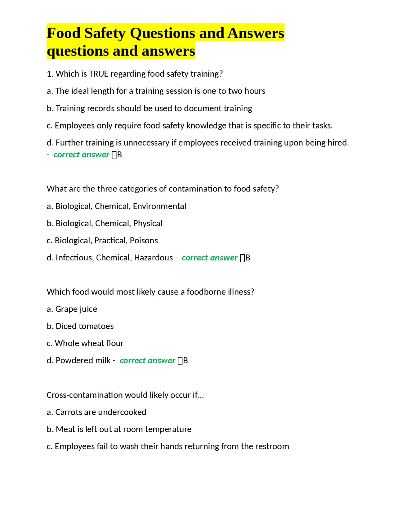 Food Safety Questions and Answers questions and answers | Exams Food ...