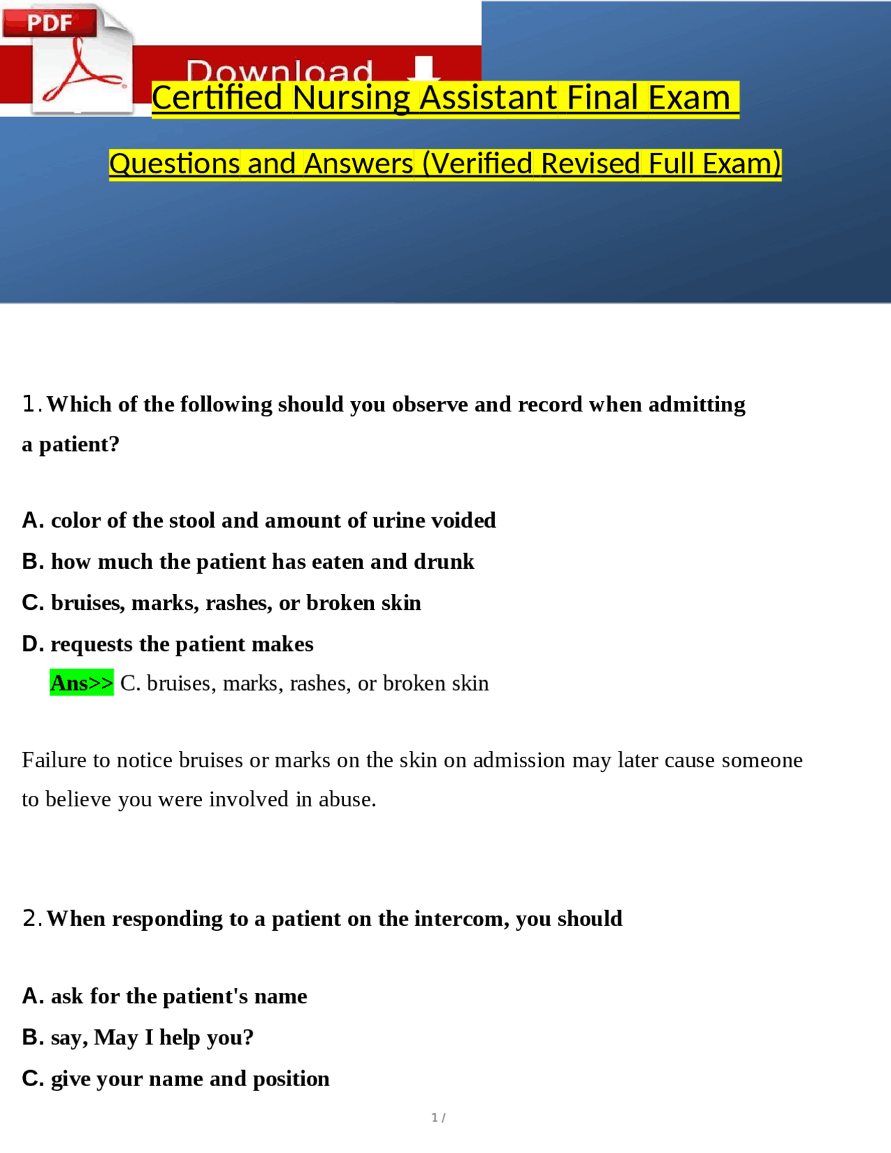 Certified Nursing Assistant Final Exam (2025/2026) Questions and Answers (Verified Revised ...