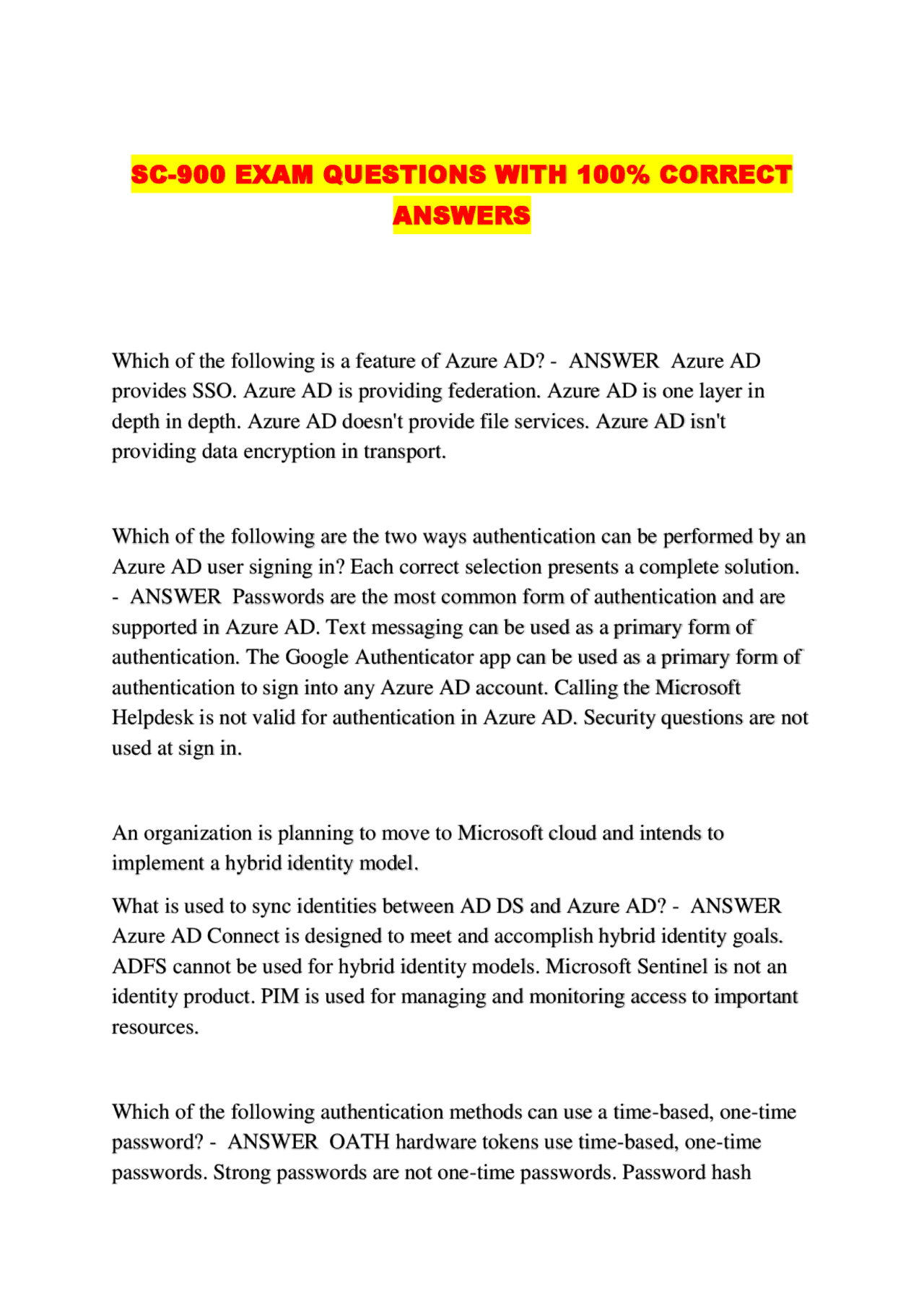 SC-900 EXAM QUESTIONS WITH 100% CORRECT ANSWERS | Exams Computer Science | Docsity