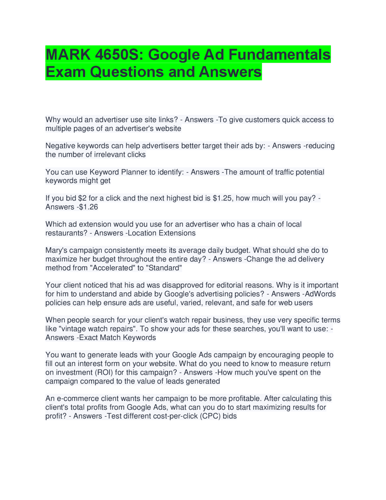 Google Ad Fundamentals Exam Questions and Answers | Exams Advanced ...