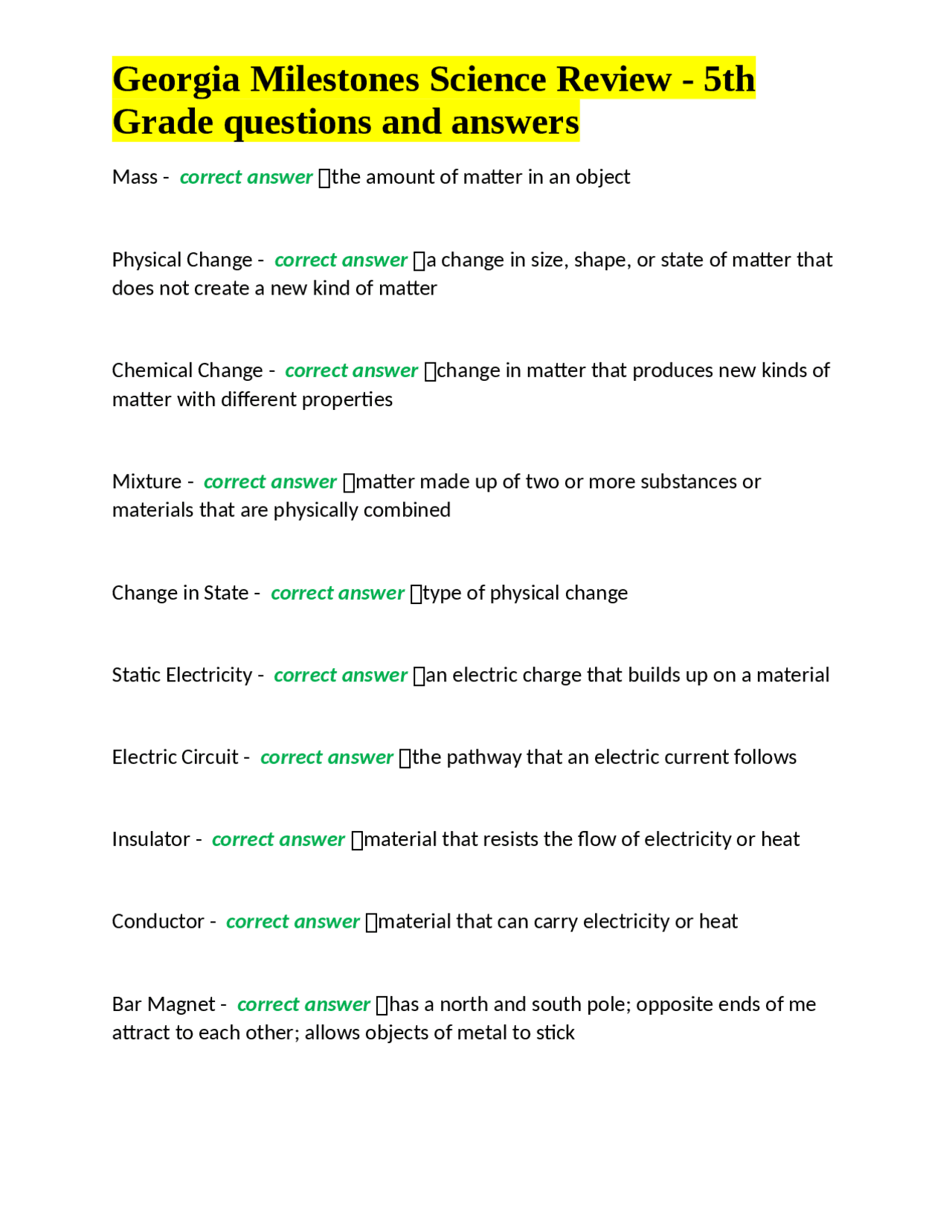 Georgia Milestones Science Review - 5th Grade questions and answers ...