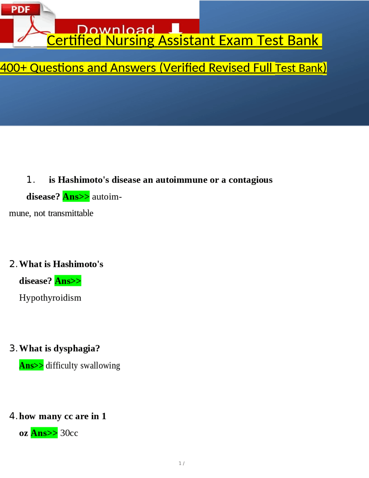 Certified Nursing Assistant Exam Test Bank (2025/2026) 400+ Questions ...