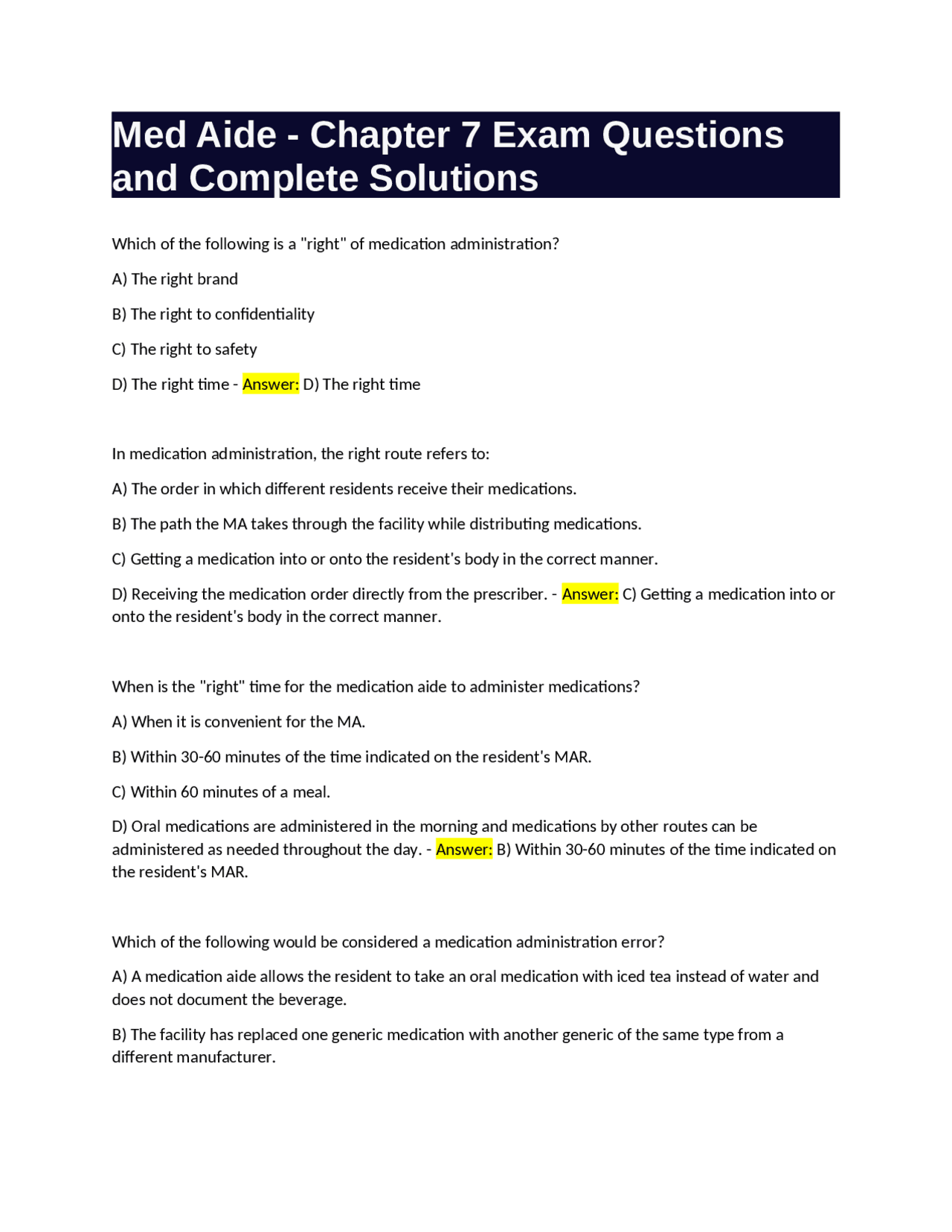 Medication Administration: Multiple Choice Questions and Answers for ...