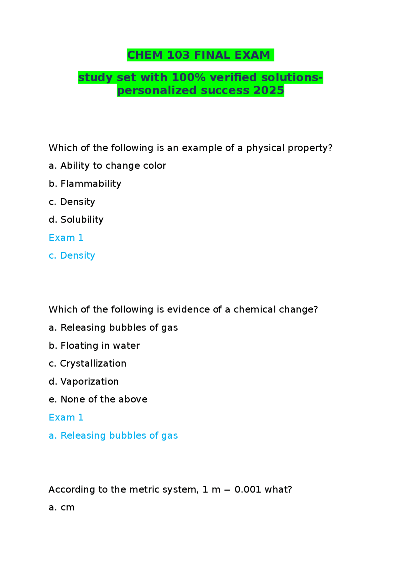CHEM 103 FINAL EXAM study set with 100% verified solutions-personalized ...