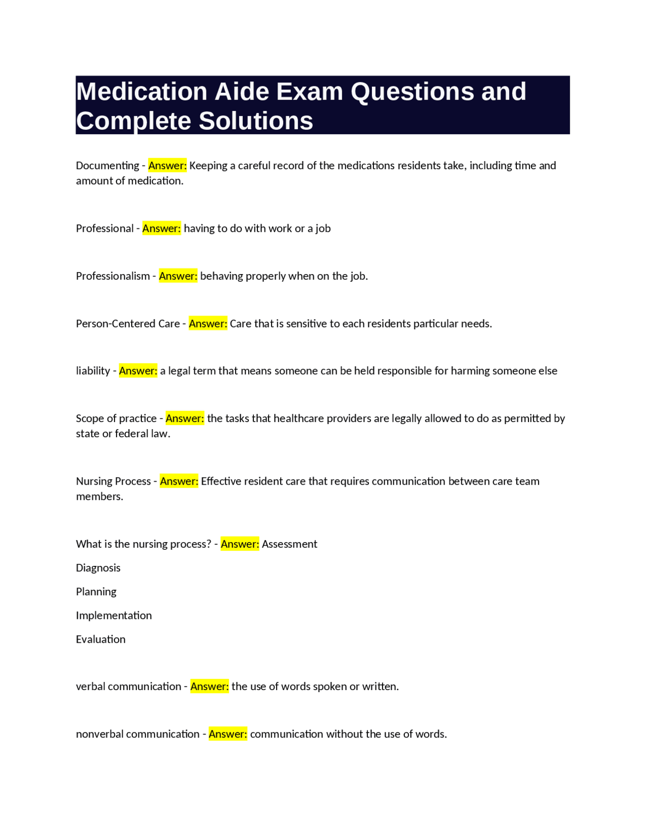 Medication Aide Exam: Complete Solutions & Guide | Exams Nursing | Docsity