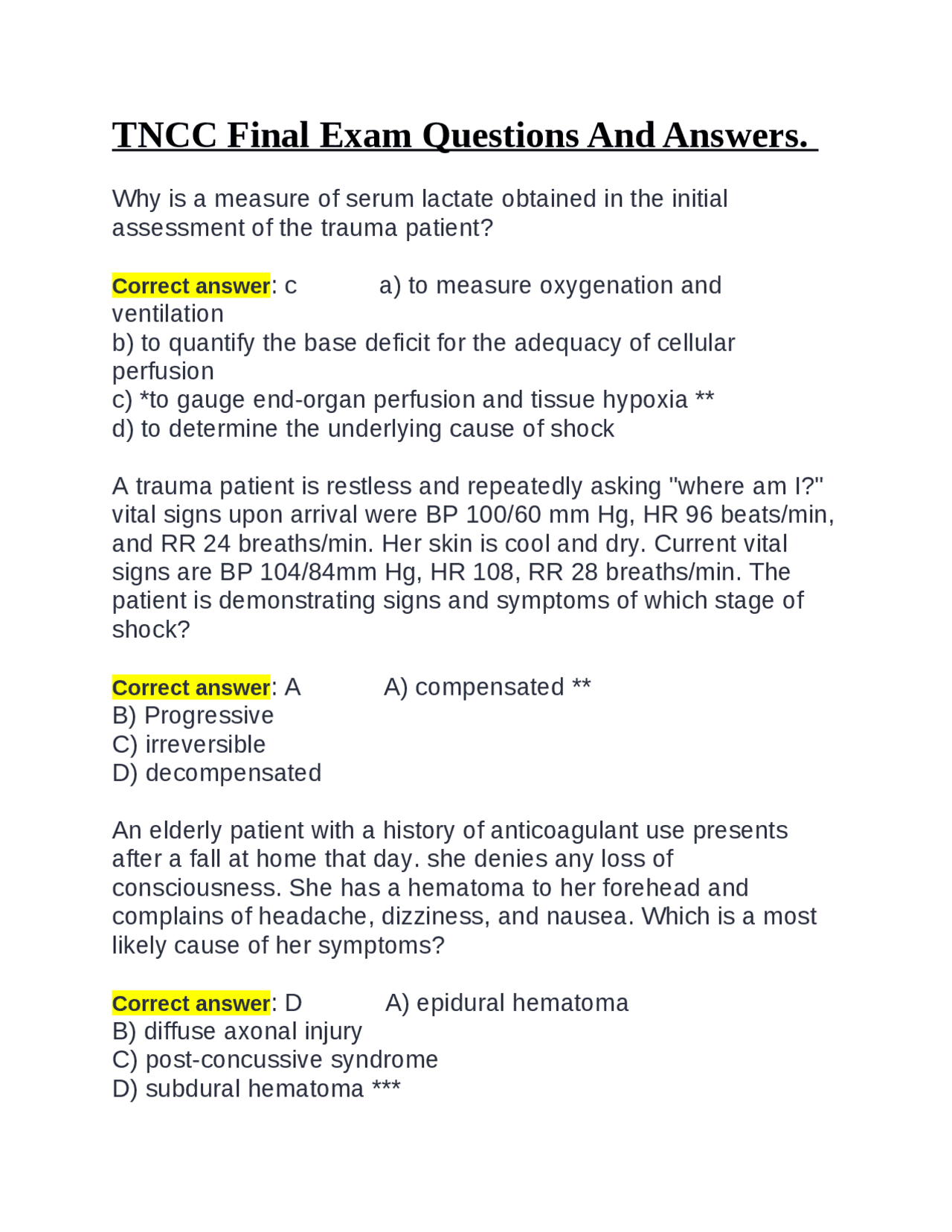 TNCC Final Exam Questions and Answers: A Comprehensive Review of Trauma ...
