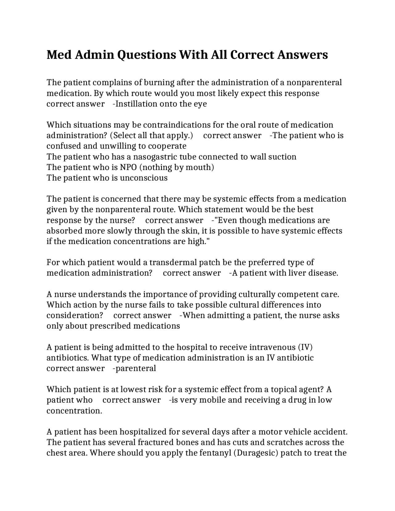 Medication Administration: Multiple Choice Questions and Answers ...