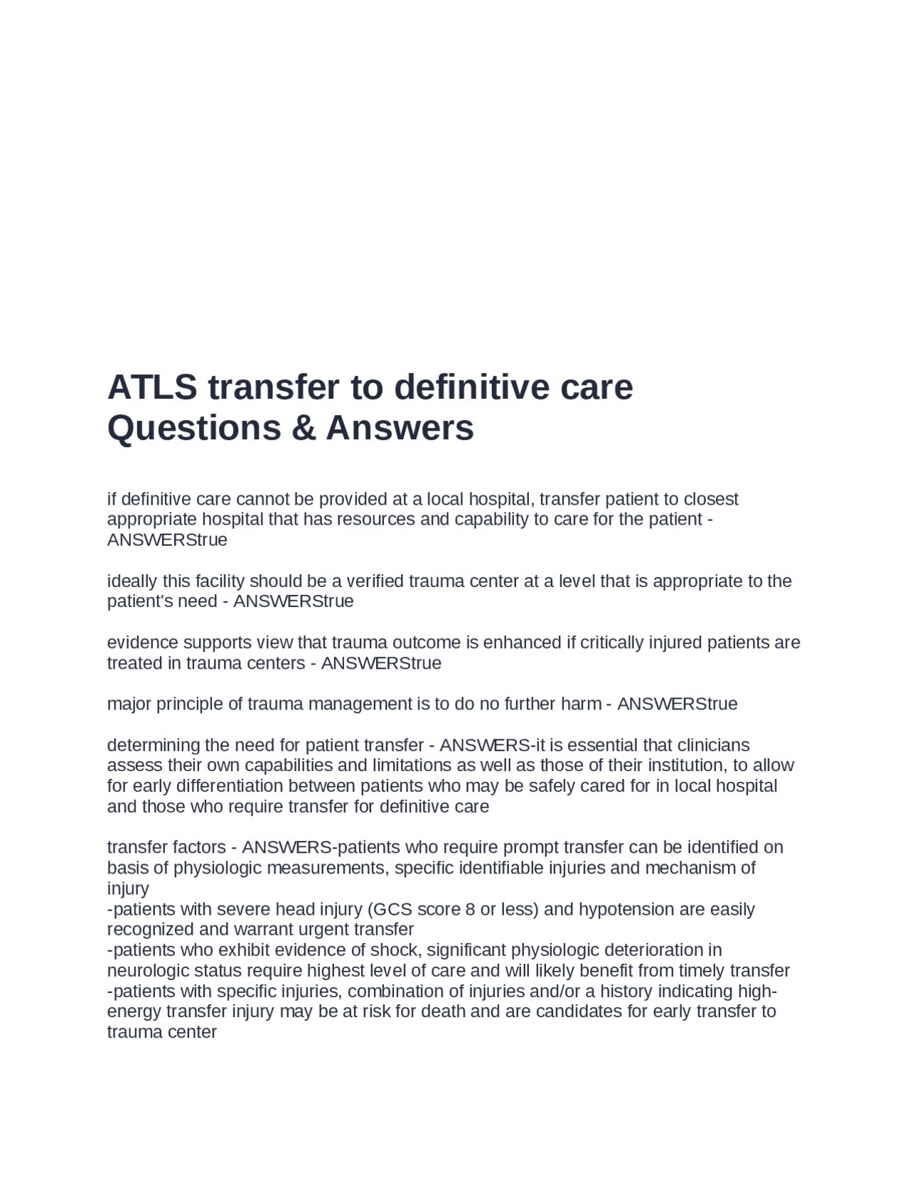 ATLS Transfer to Definitive Care: Questions and Answers | Exams Nursing ...